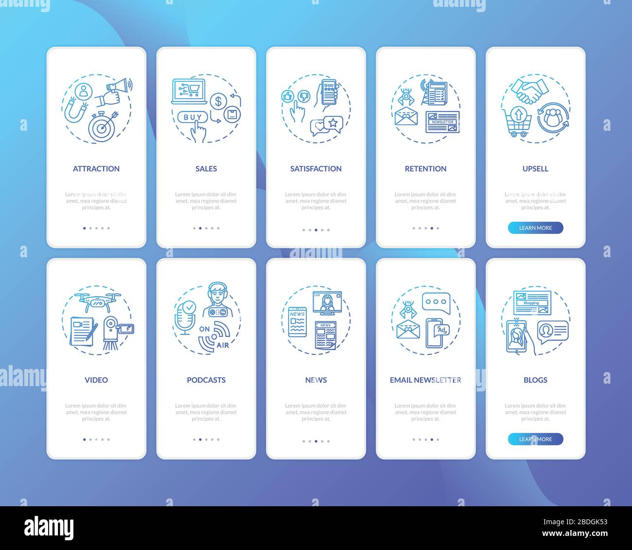 Sales and upselling techniques onboarding mobile app page screen with concepts set. Digital ...