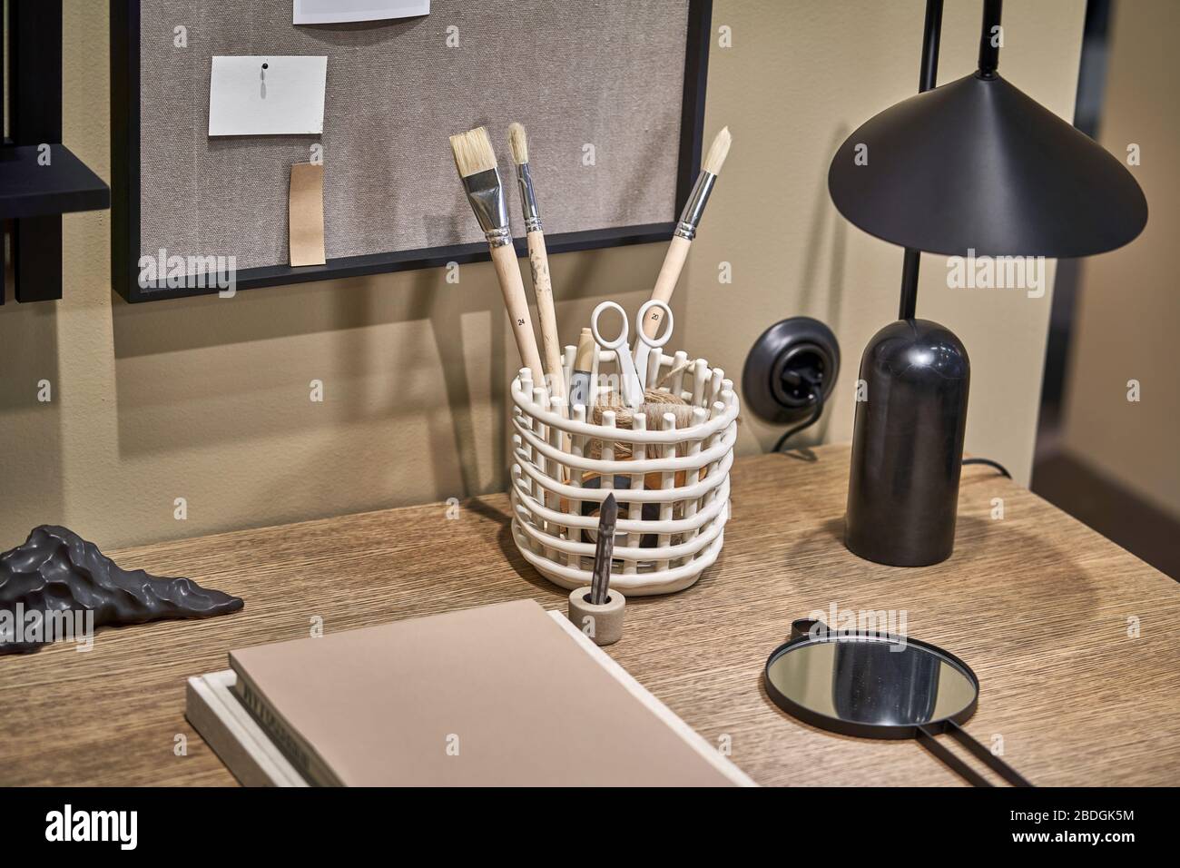 Closeup view at wood table with different objects Stock Photo - Alamy