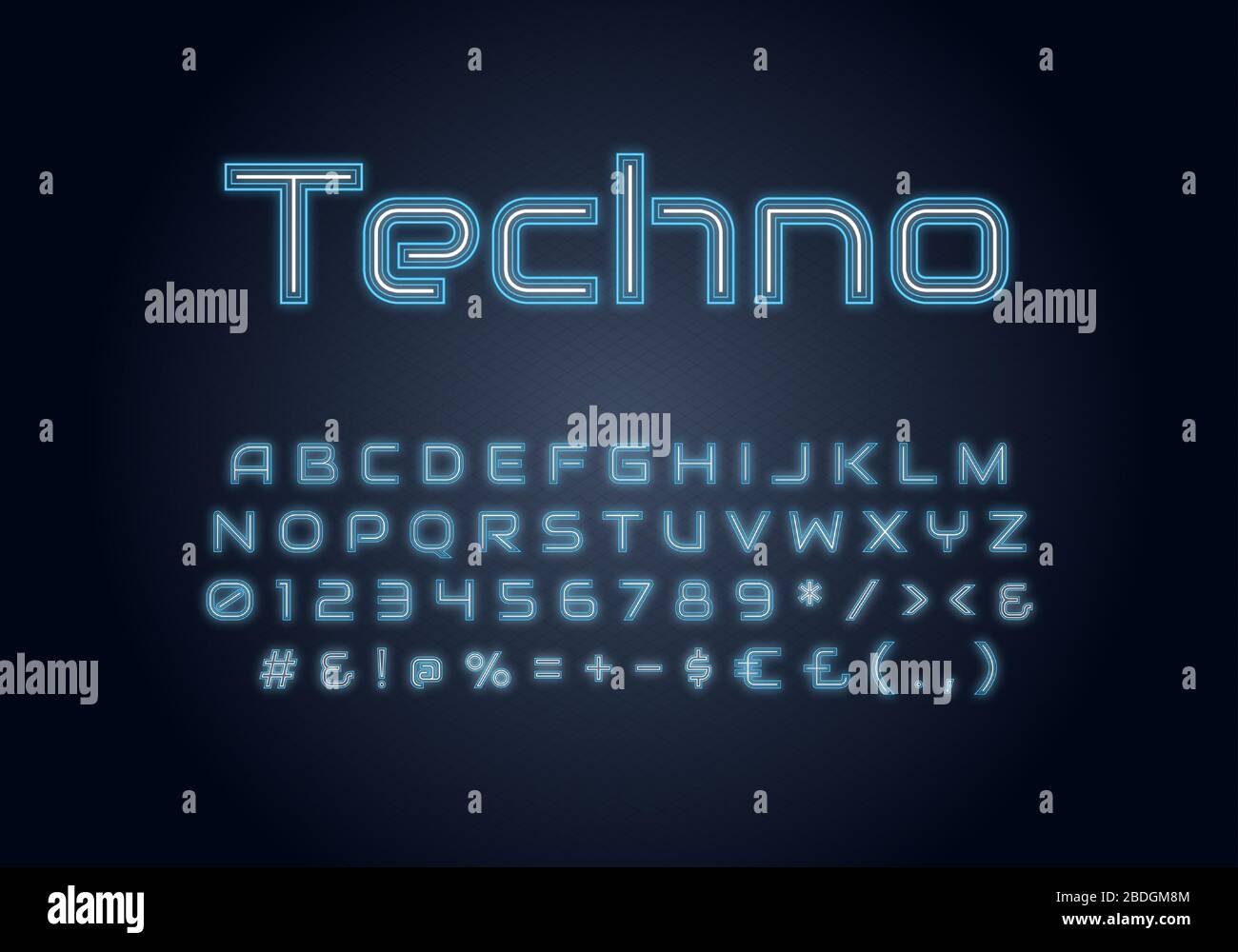 Techno neon light font template. Techno illuminated vector alphabet set ...