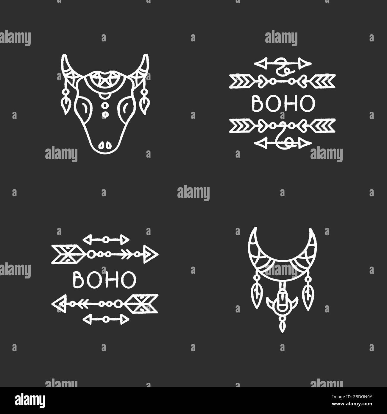 Ethnic accessories in boho style chalk white icons set on black ...