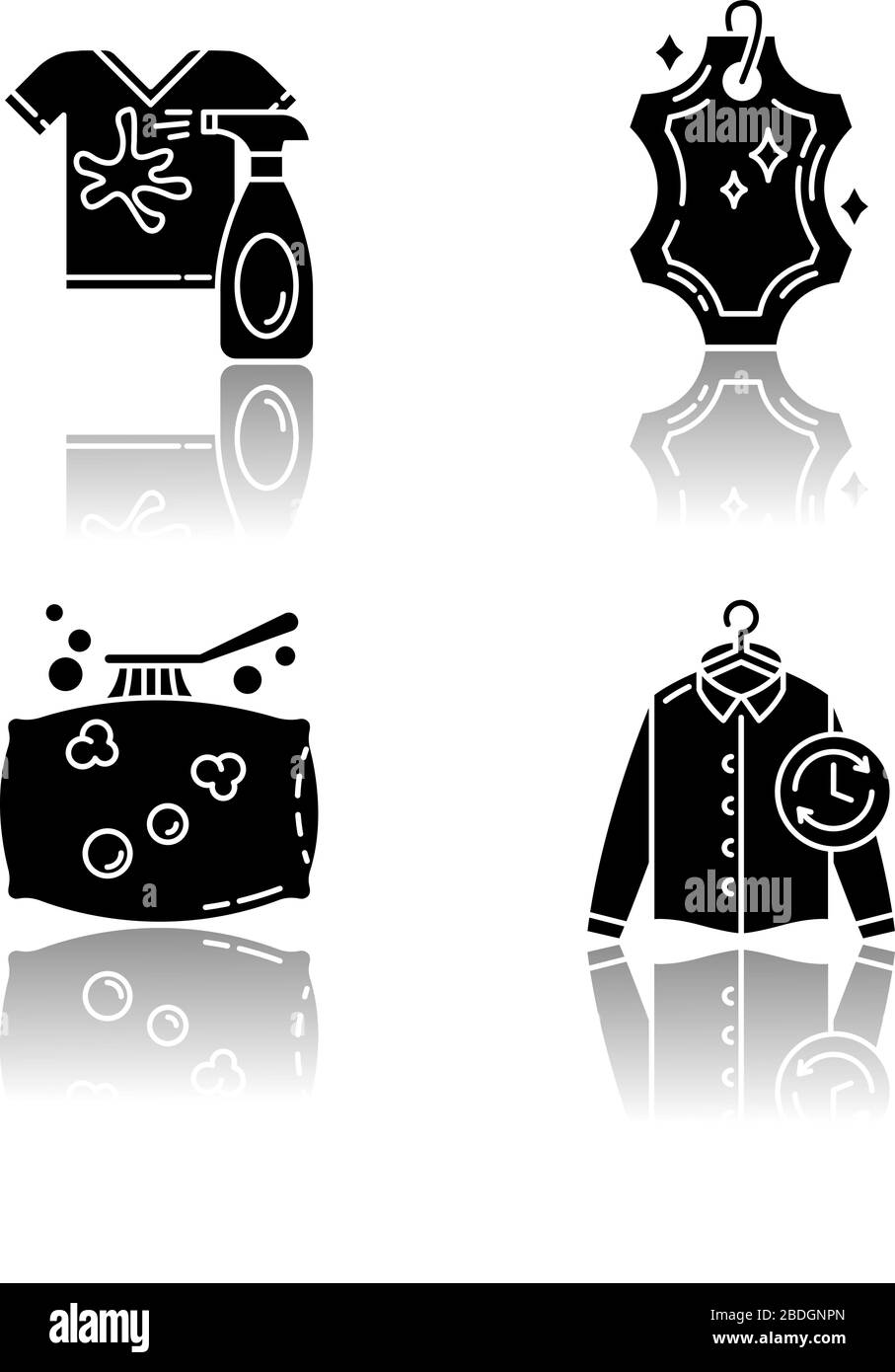 Laundry services, washing types drop shadow black glyph icons set ...