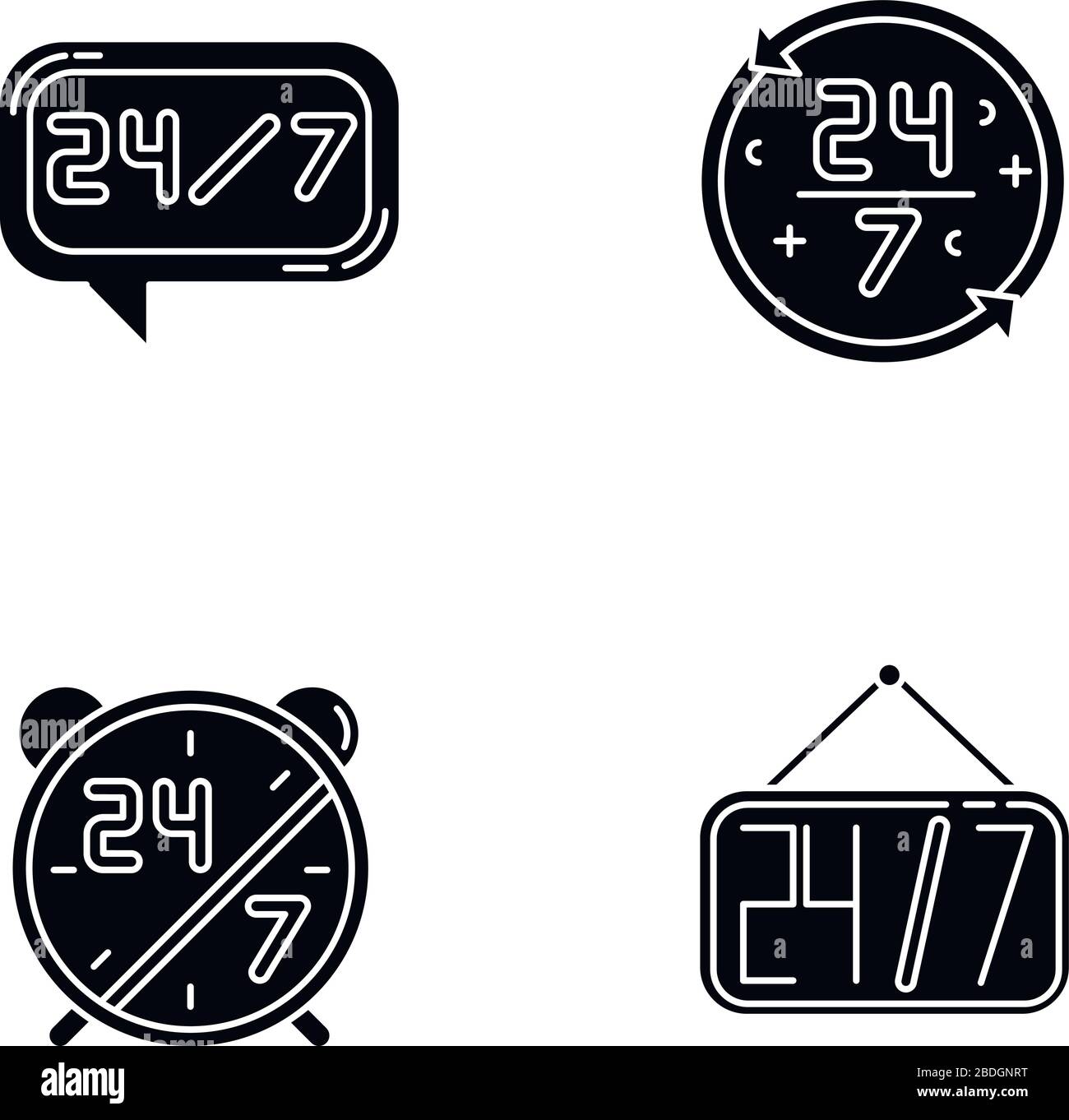 24 7 hour service black glyph icons set on white space. Online all day ...