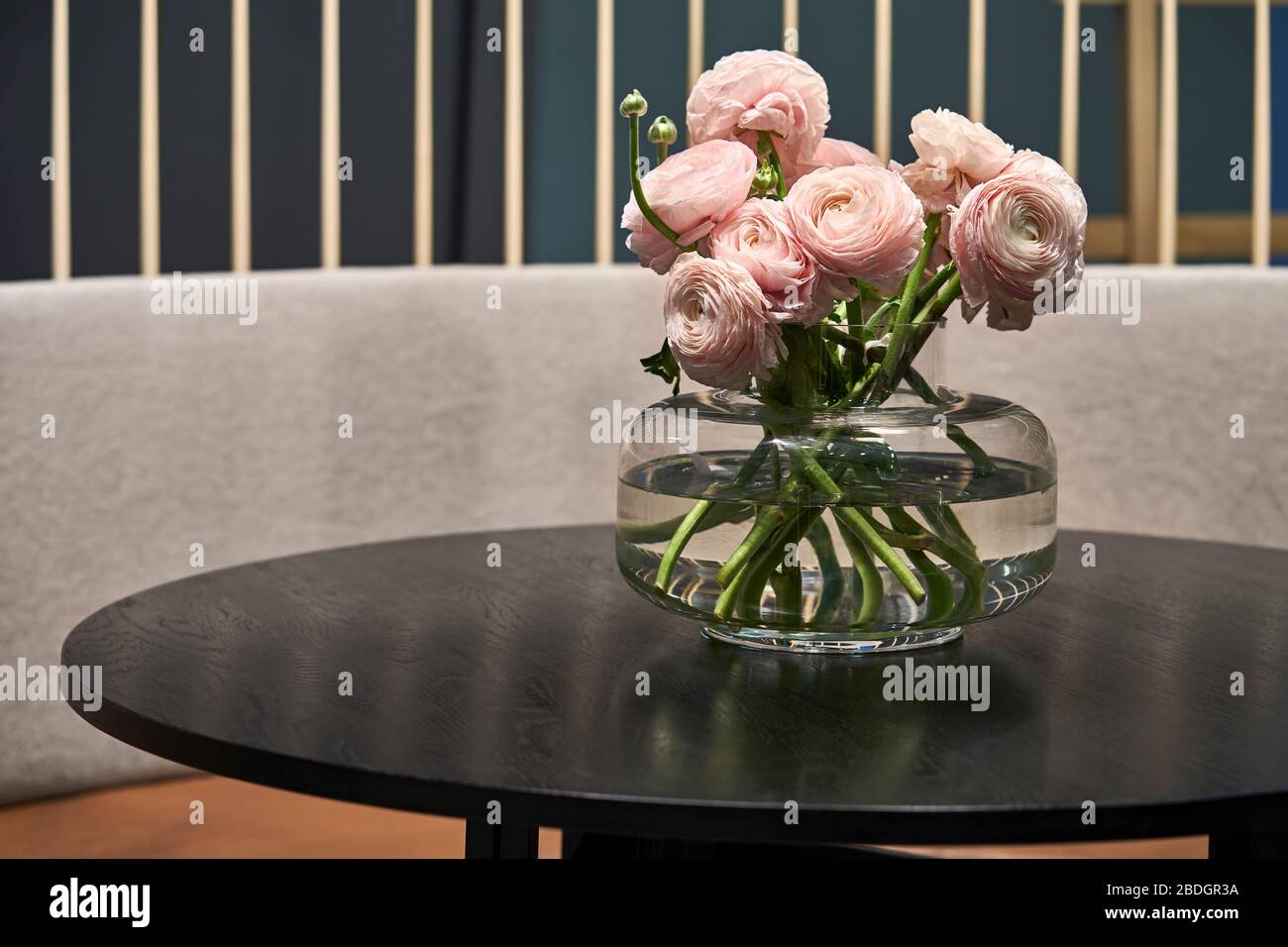 Luminous room with furniture and colorful flowers Stock Photo - Alamy