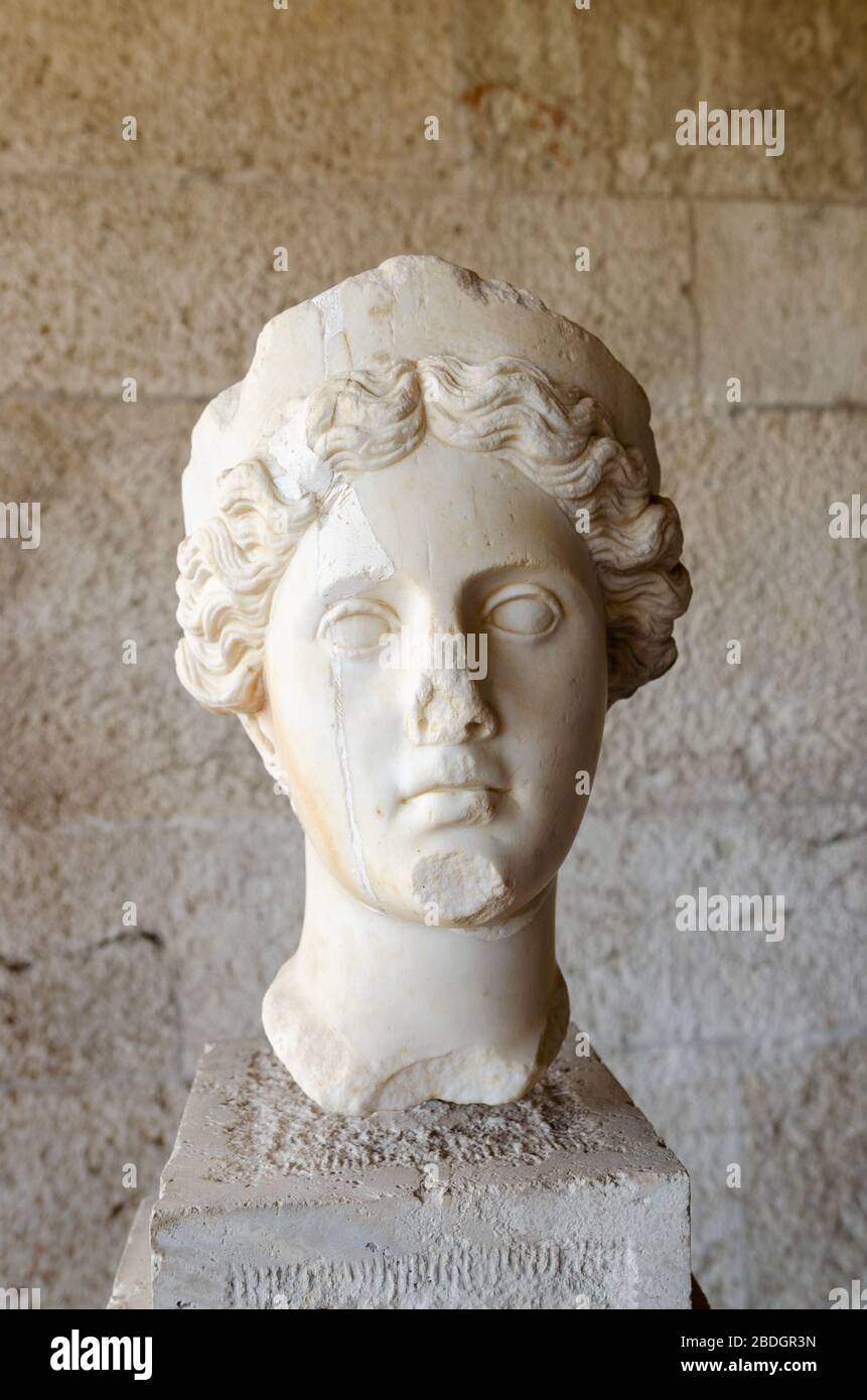 Athens, Greece - April 21, 2014: Head of a goddess (probably Nemesis ...