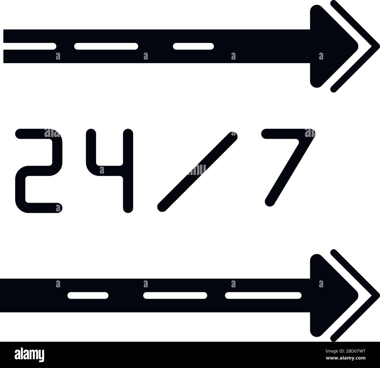 24 7 hour service black glyph icon. Straight lines on sign. All day ...