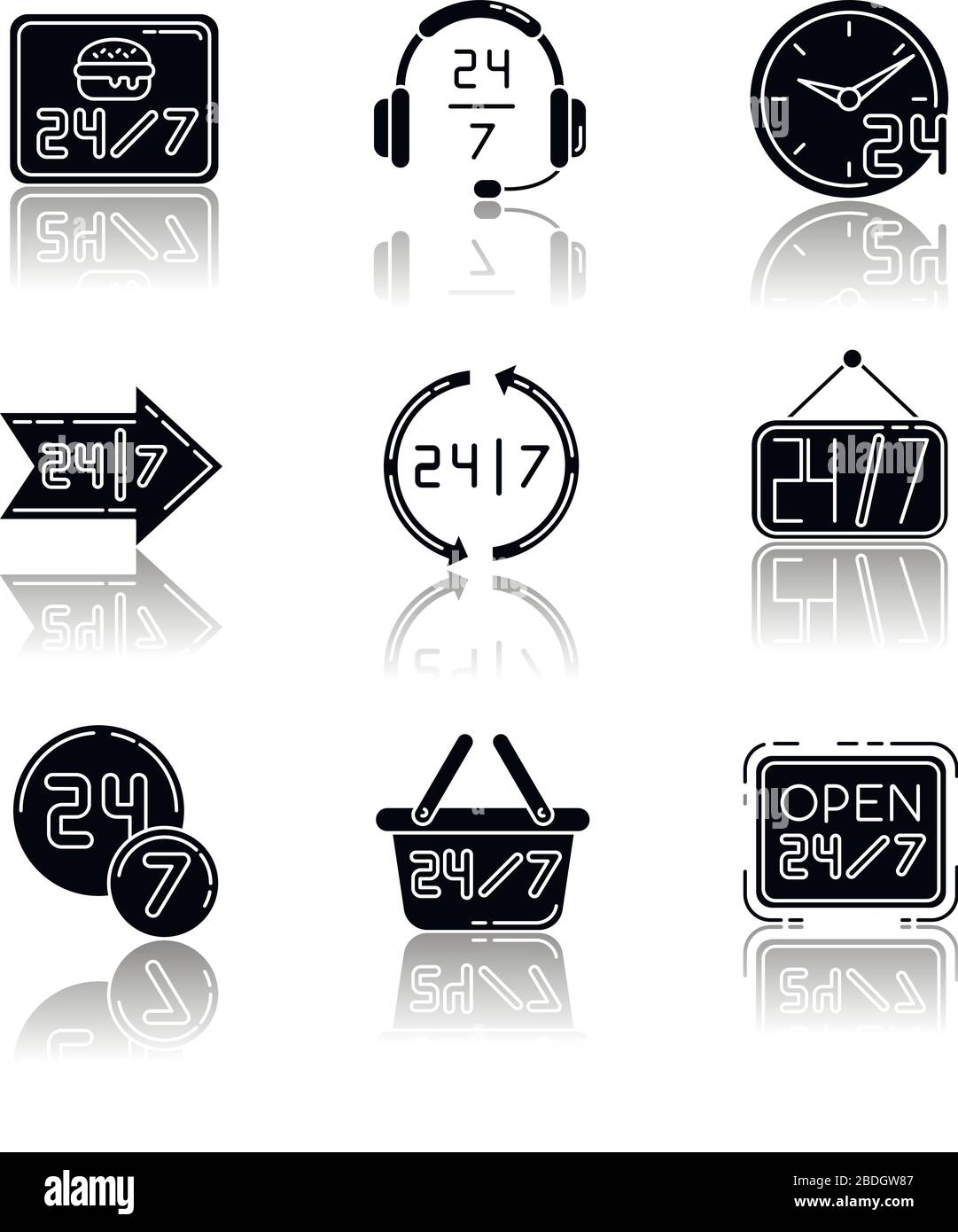 24 7 hour service drop shadow black glyph icons set. Twenty four seven ...