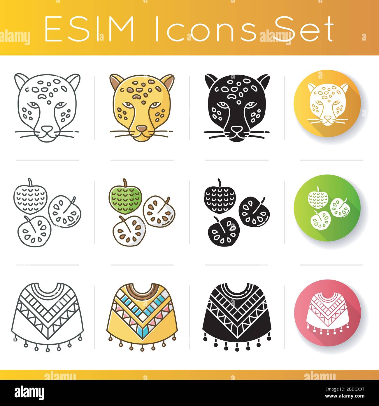 Peru icons set. Peruvian wear, fruit, animal. Jaguar, cherimoya, poncho ...