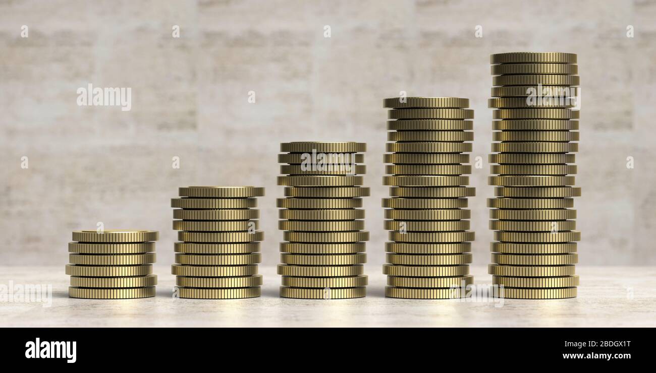 Money growth, business earnings increase concept. Coins gold stacked on ...