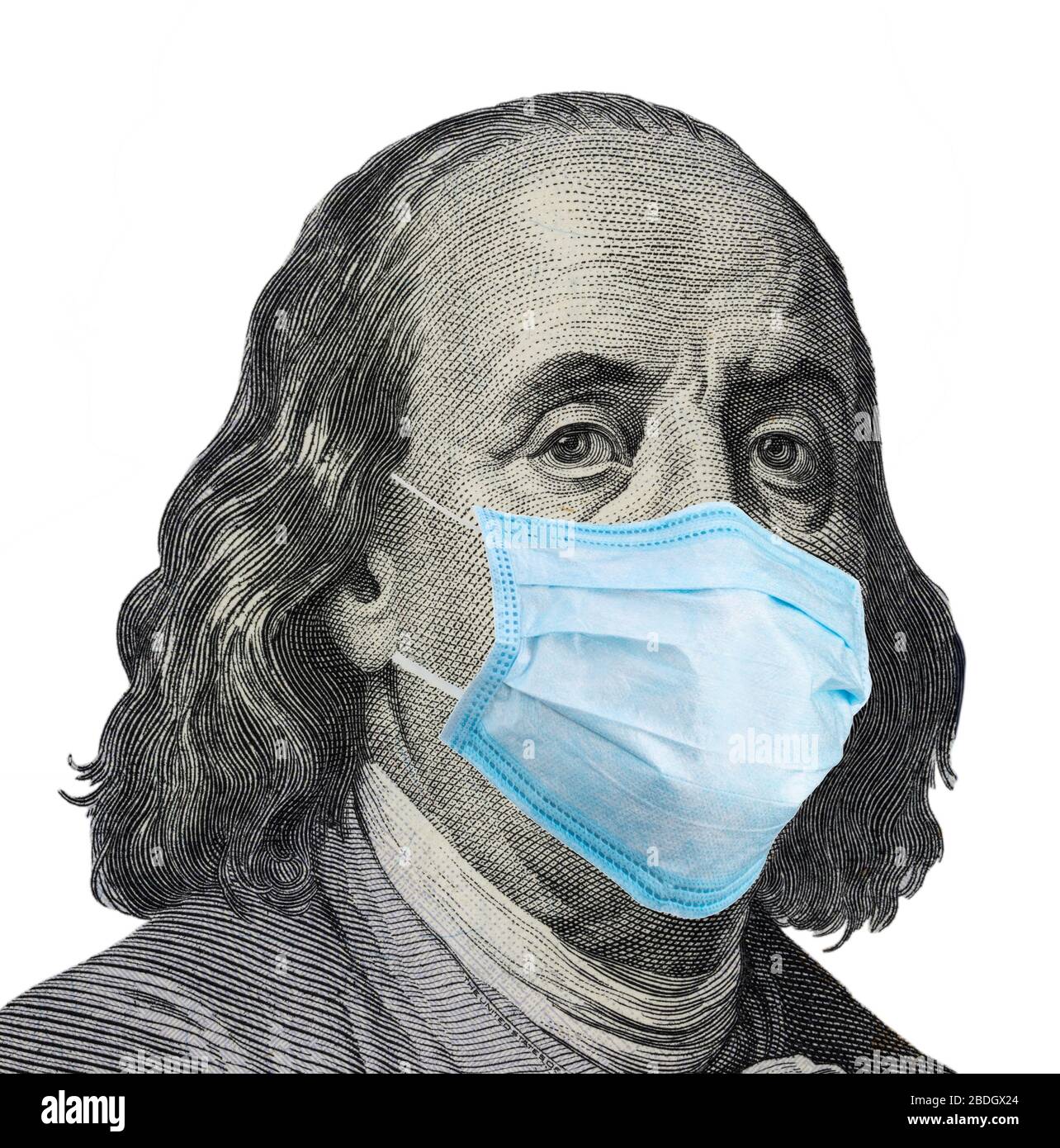 Benjamin Ben Franklin face banknote with a face mask against infection ...