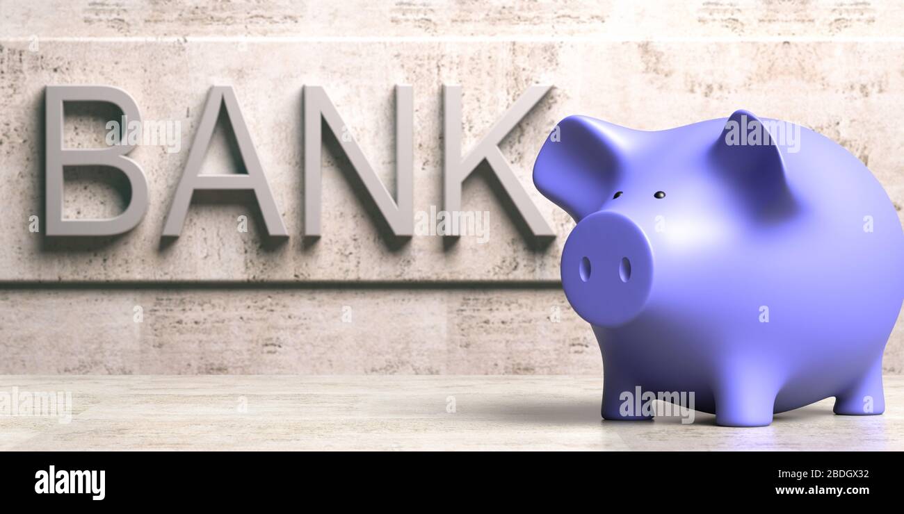 Bank, finance, saving concept. Piggy bank blue color, on stone marble ...