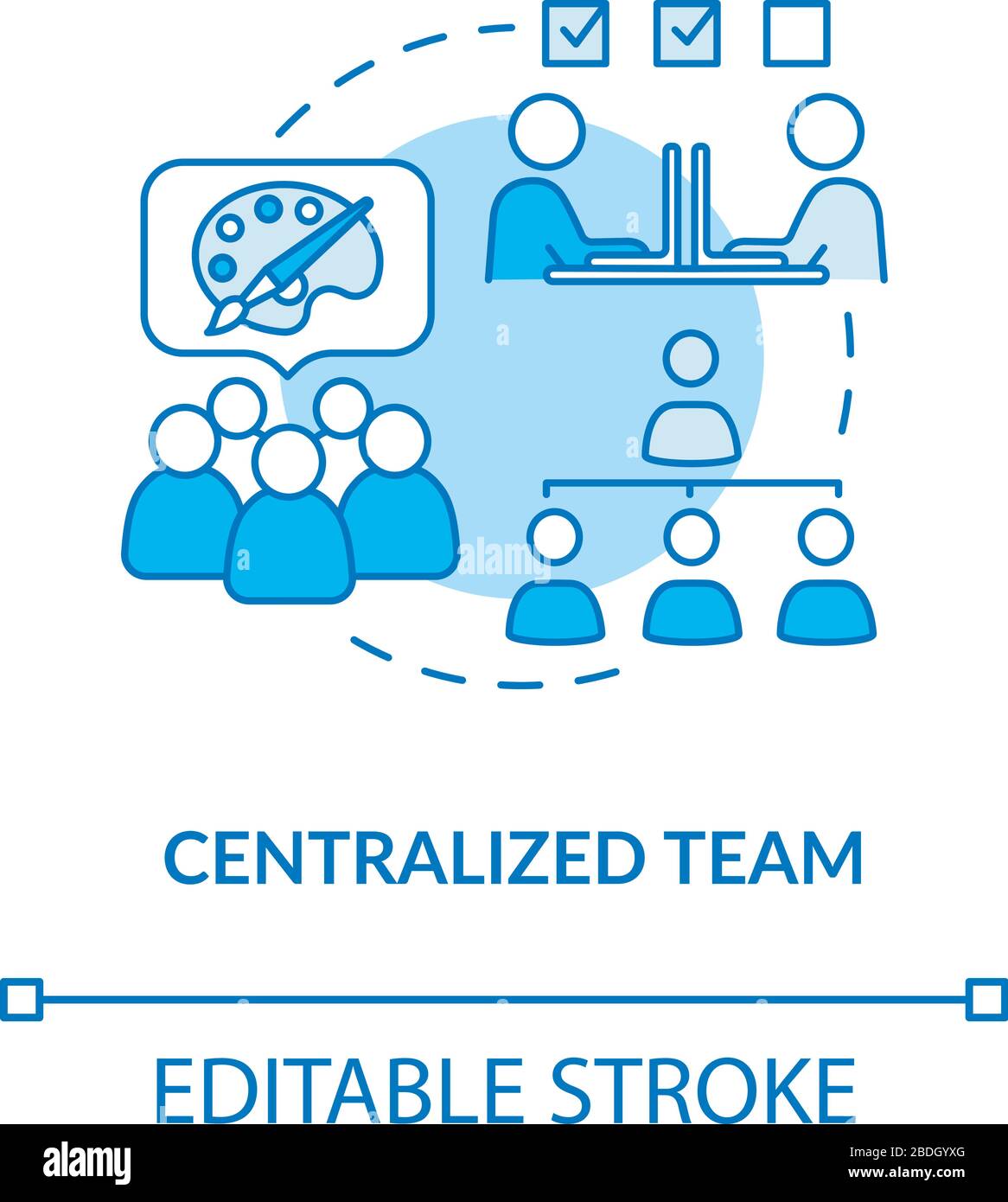 Centralized team, collaboration type concept icon. Designers teamwork idea thin line ...