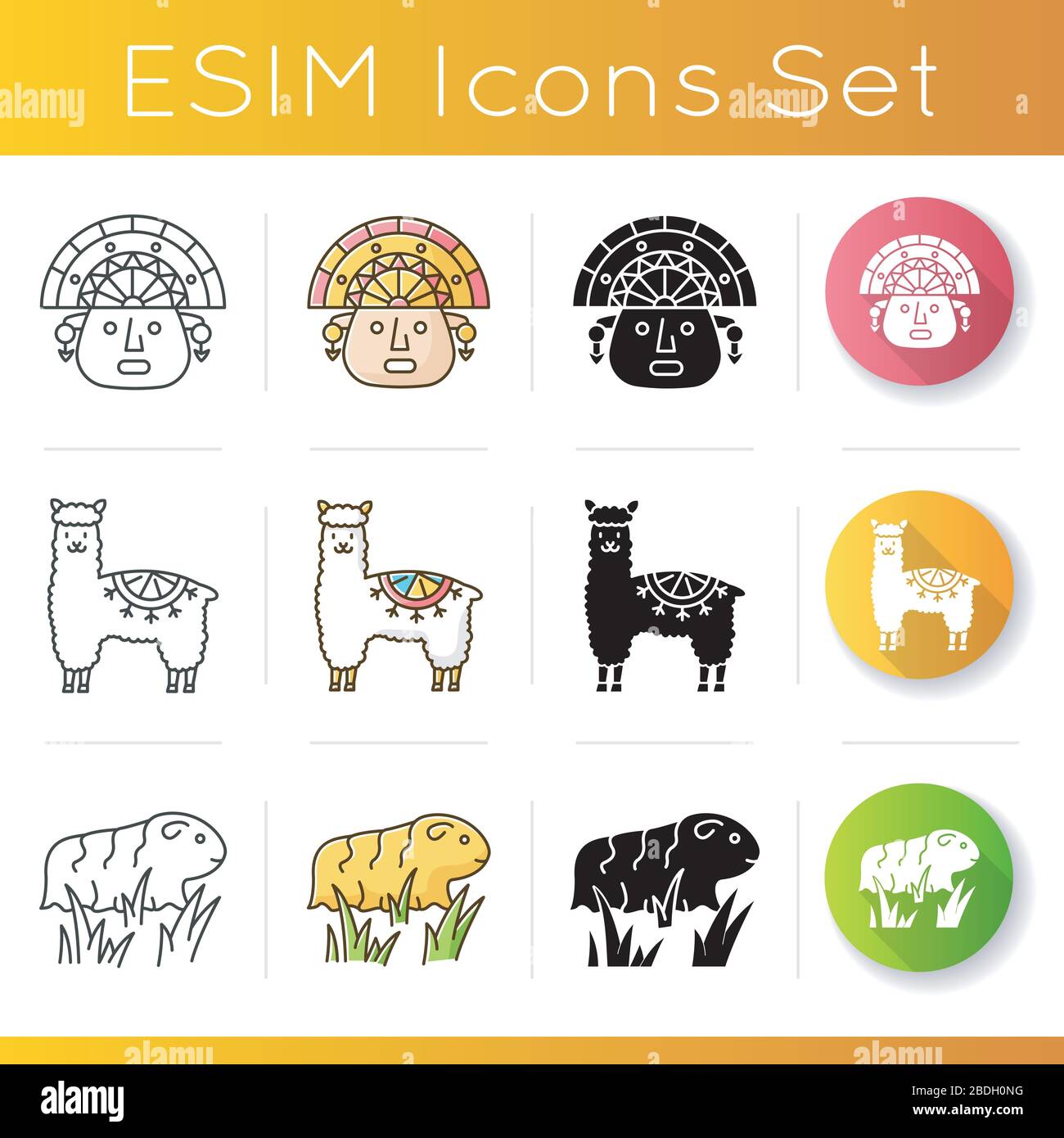 Peru icons set. Peruvian culture, nature. The incas, alpaca, guinea pig ...