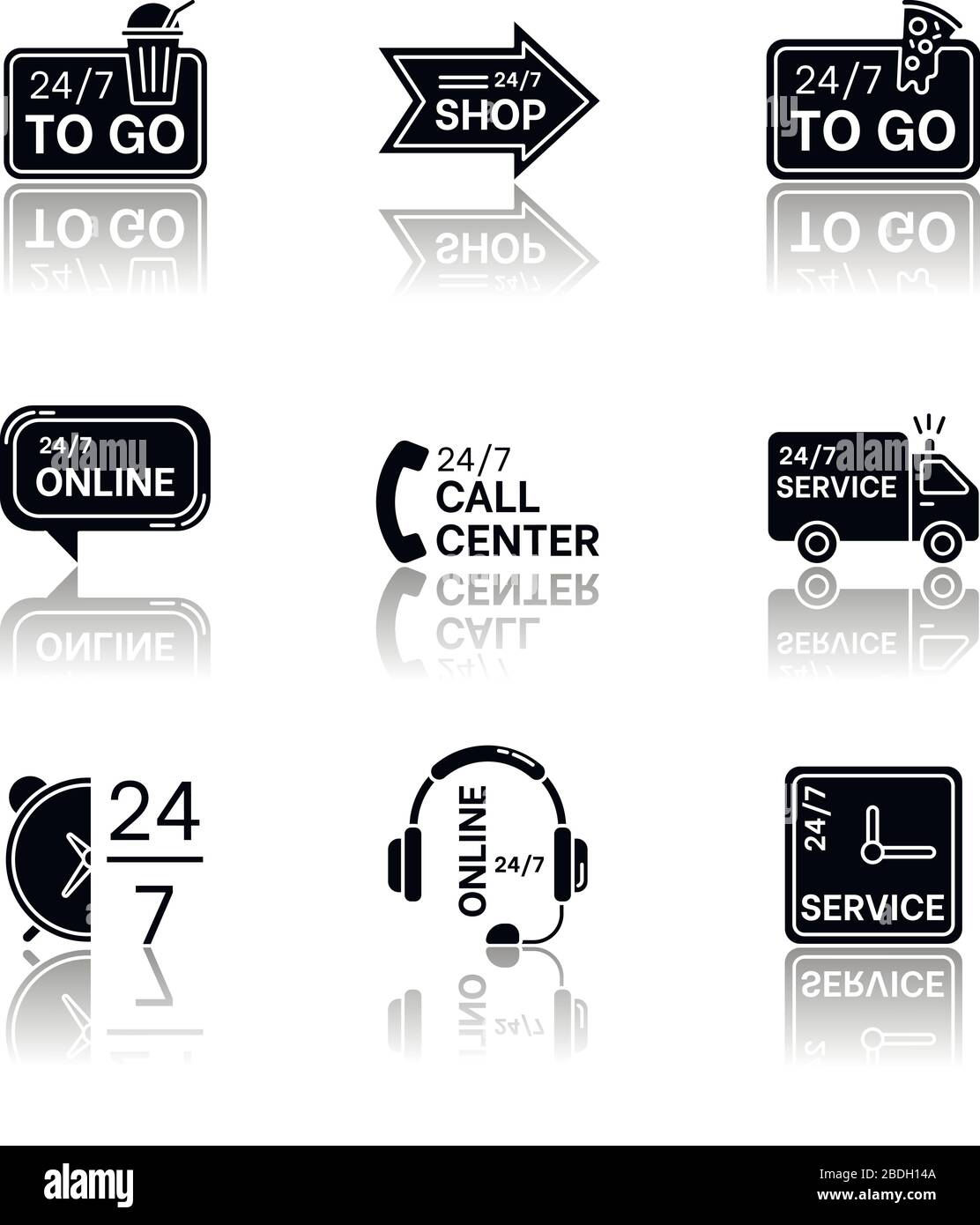 24 7 hour service drop shadow black glyph icons set. Online 24 hrs ...