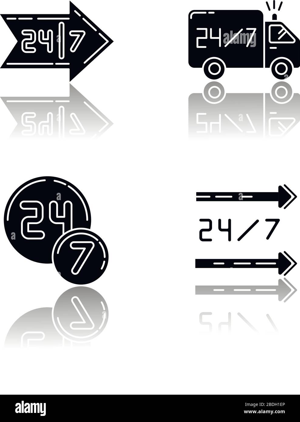 24 7 hour service drop shadow black glyph icons set. All day available ...