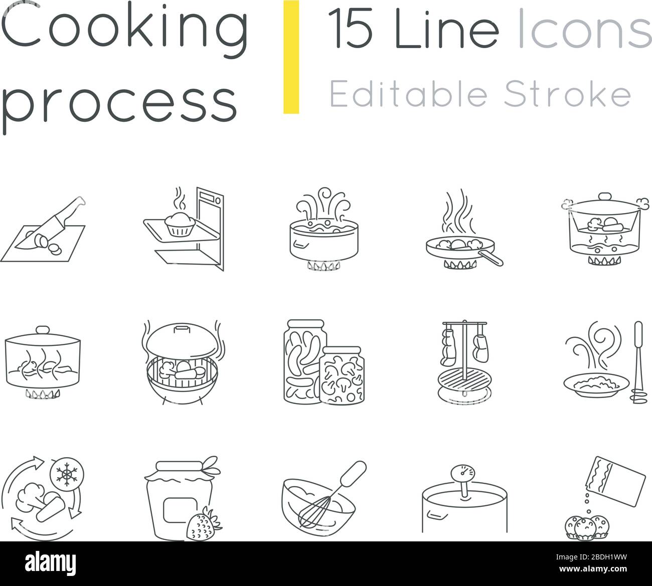 Cooking process pixel perfect linear icons set. Different food ...