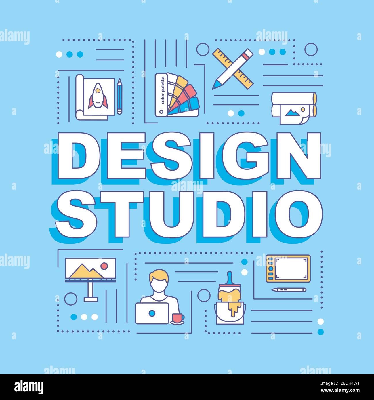 Design studio word concepts banner. Creative agency. Artist workshop. Infographics with linear ...