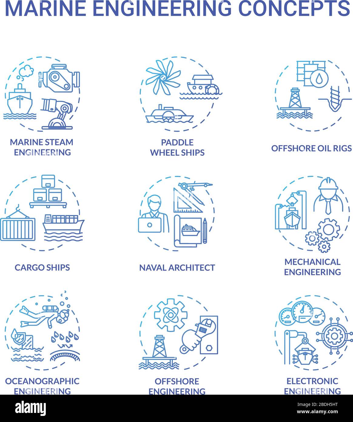 Marine engineering blue concept icons set. Paddle wheel ship. Offshore ...