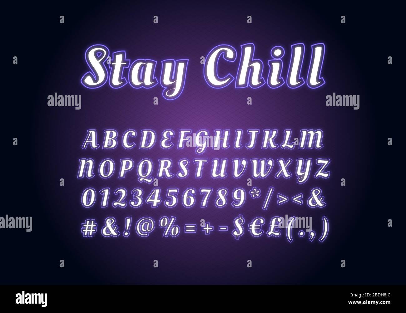 Stay chill neon light font template. White and purple illuminated ...