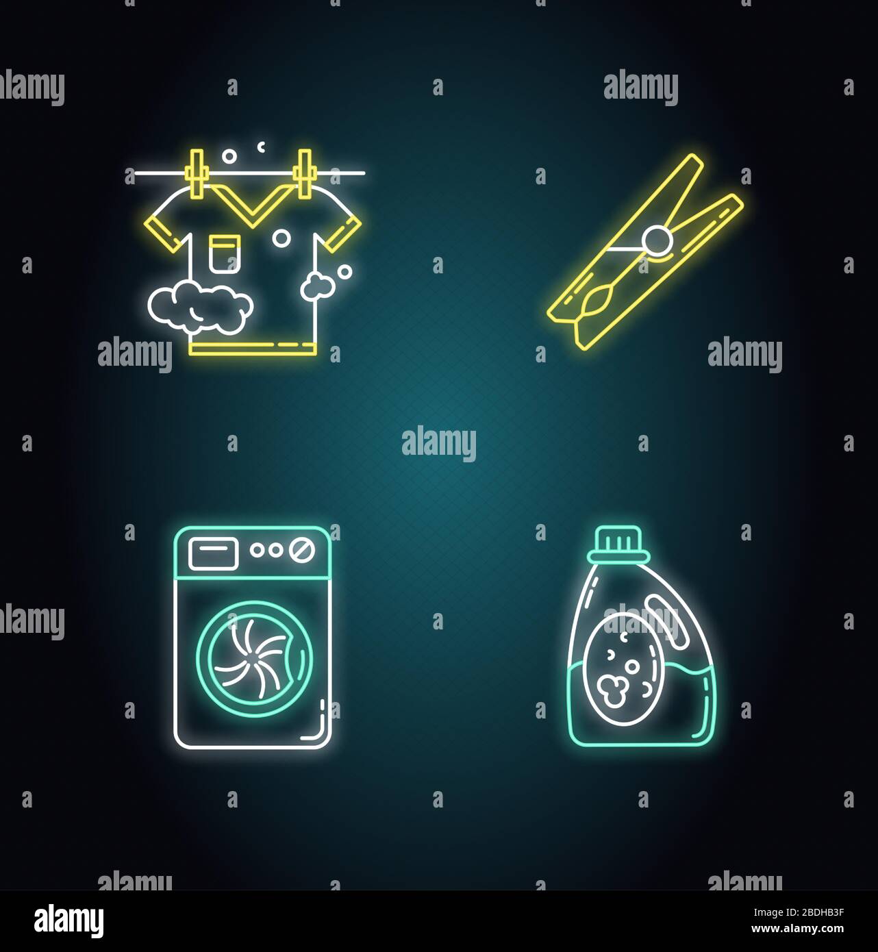 Clothes cleaning items neon light icons set. Clothing washing and ...