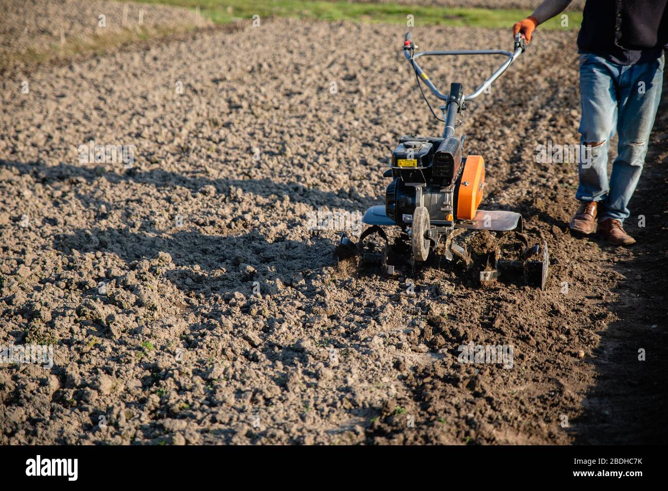 small orange plowing machine in hands of a farmer making arable in ...