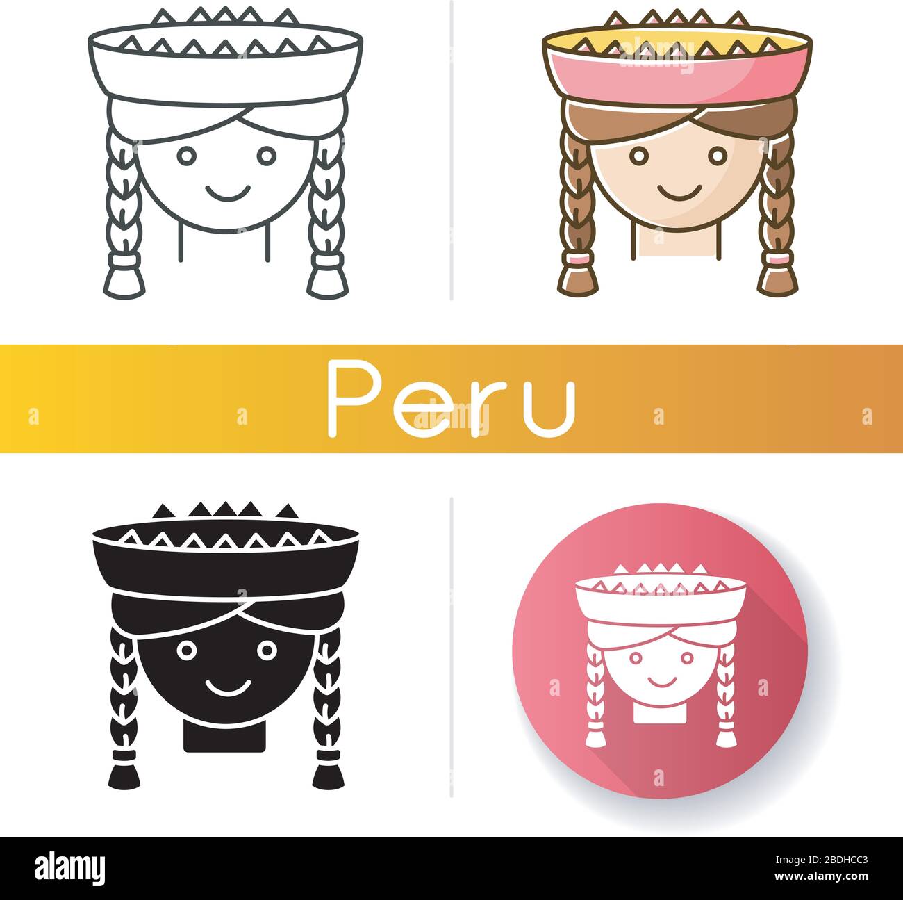 Peruvian girl icons set. Cute smiling woman head with braids. Latin ...