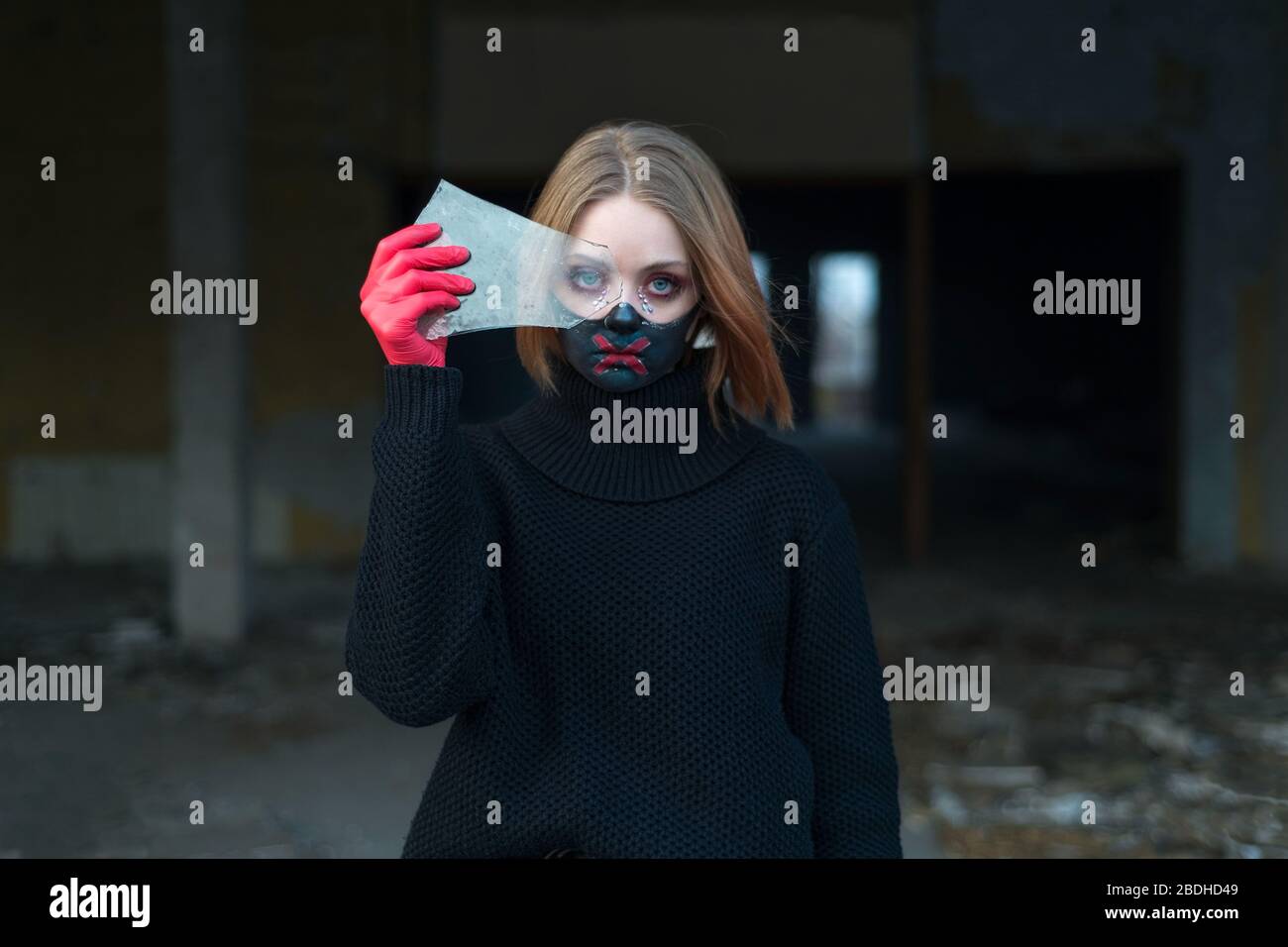 Closeup beauty portrait of a beautiful girl in a black mask with ...