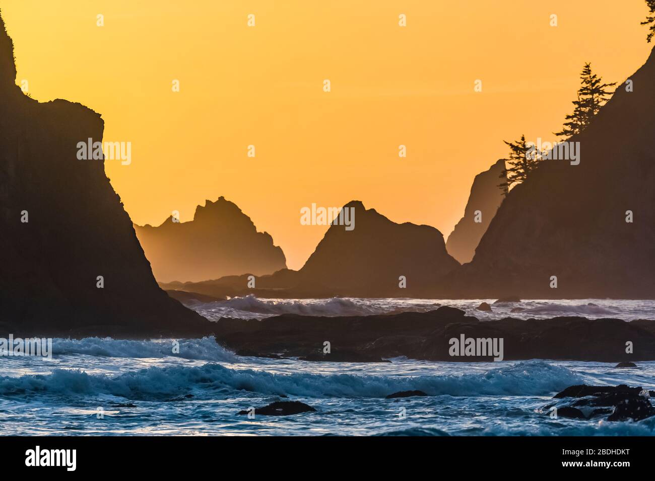 Sunset among the sea stacks on Rialto Beach in Olympic National Park ...