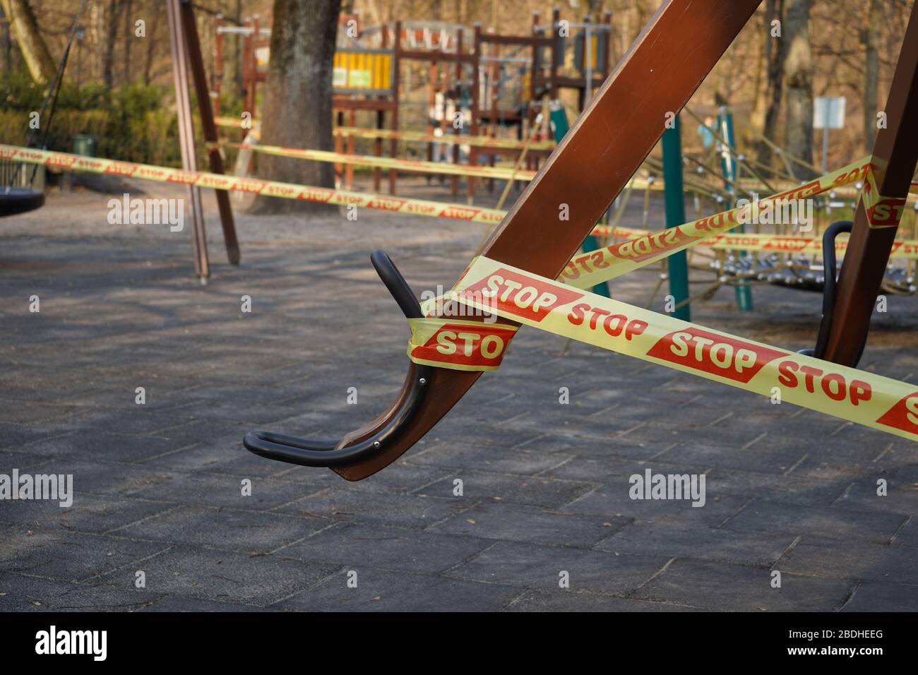 Closed children playground in the park during virus outbreak Stock ...