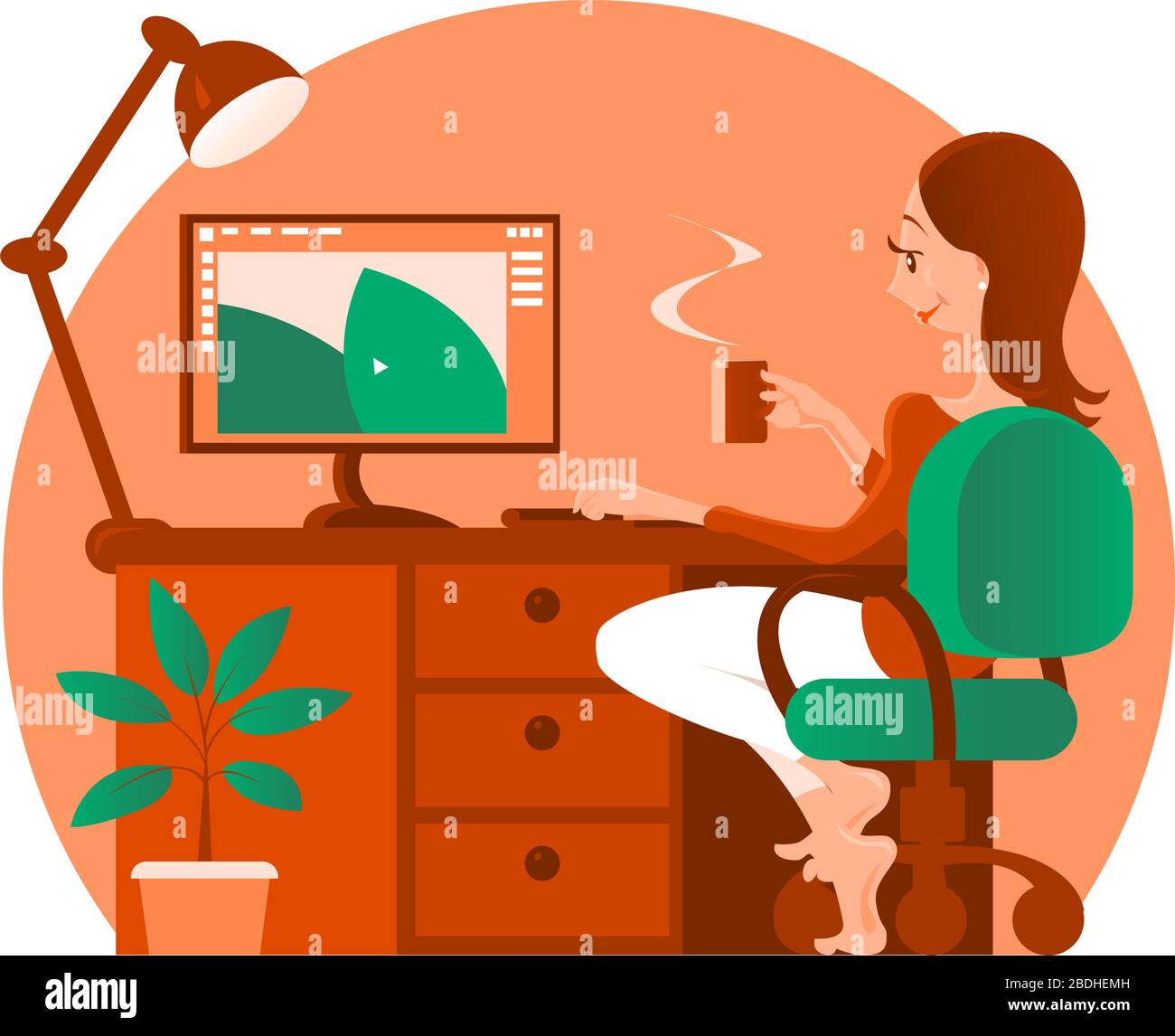 A girl sits at a home computer, drinks coffee and draws on a graphics ...