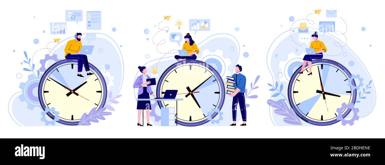 Efficiency work time. Man, woman and workers teamwork hours. Freelance ...