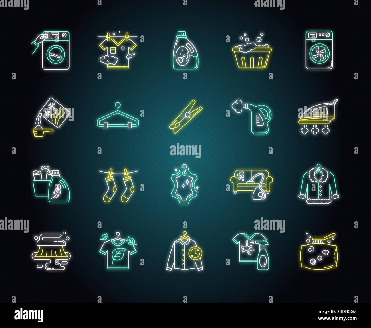 Laundry types and equipment neon light icons set. Laundromat, wet and ...