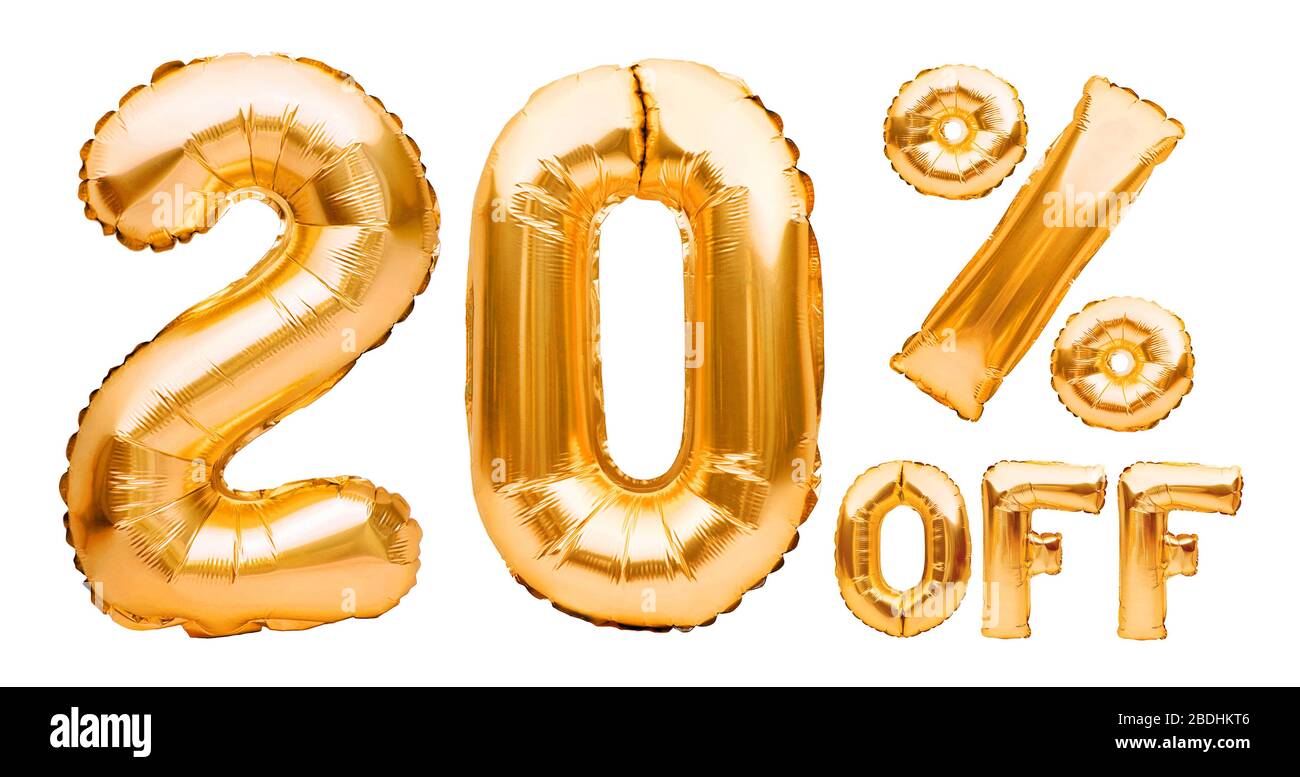 Golden twenty percent sale sign made of inflatable balloons isolated on ...