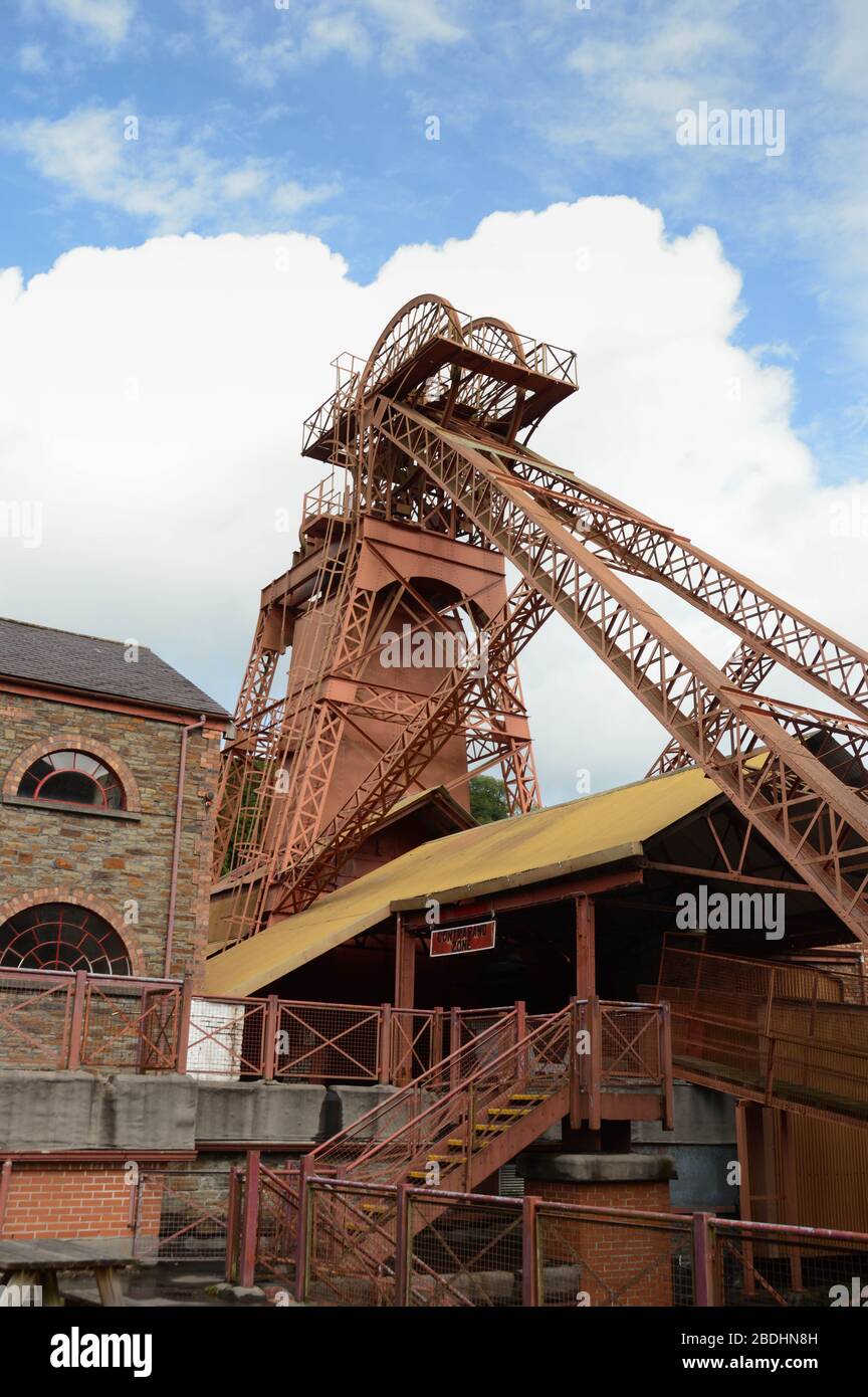 Rhondda Valley, Wales - August 2017: A pit head wheels and winding gear ...