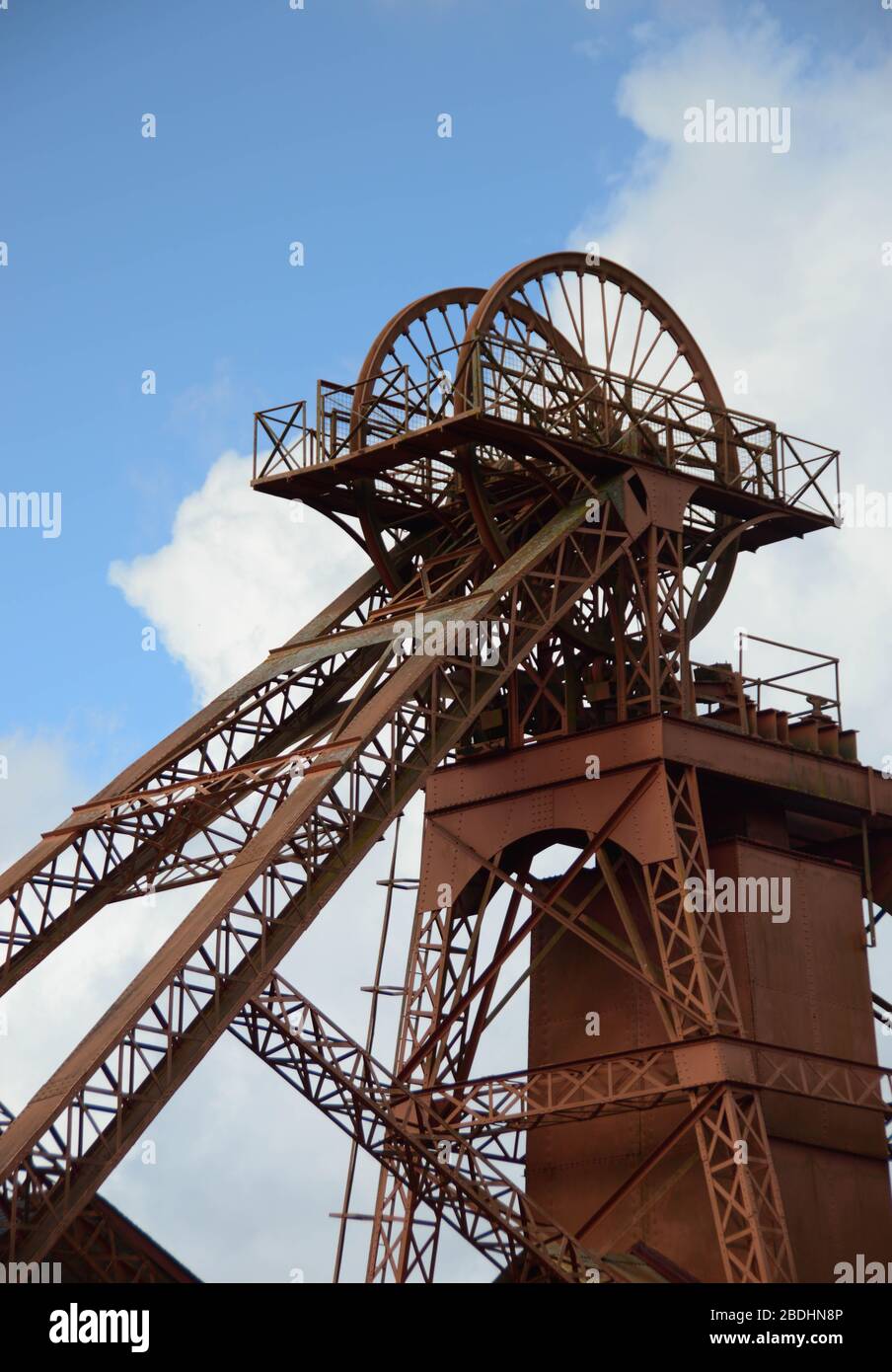 Rhondda Valley, Wales - August 2017: A pit head wheels and winding gear ...