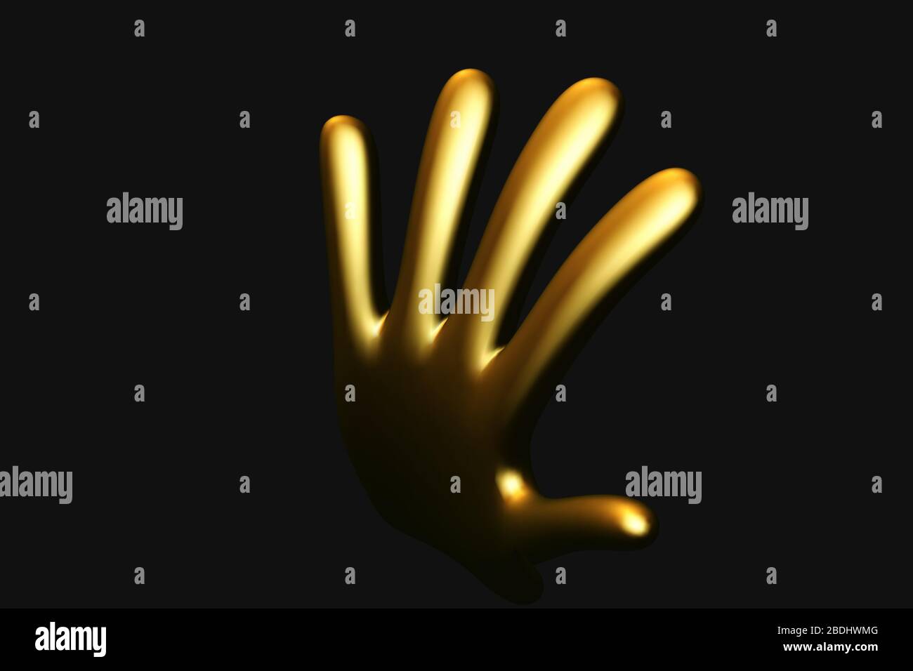 3D golden cartoon hand raised in welcoming gesture on black background ...
