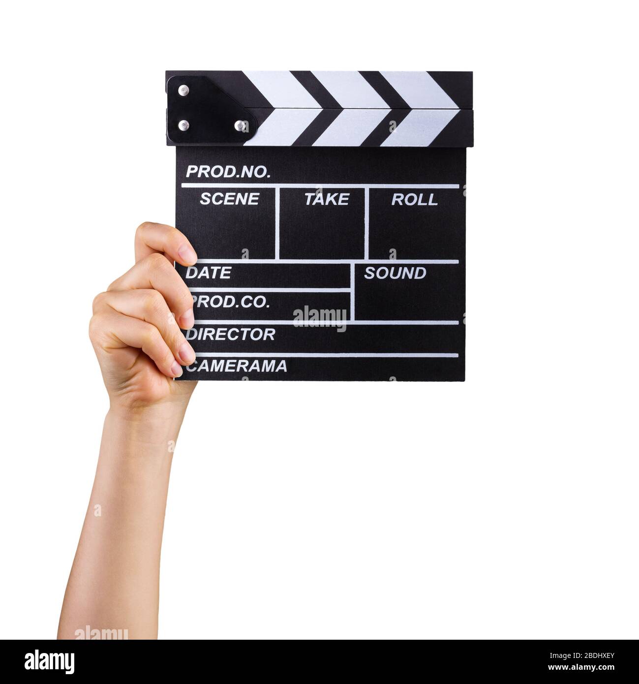 Human hand holding film clapper board isolated on white background ...