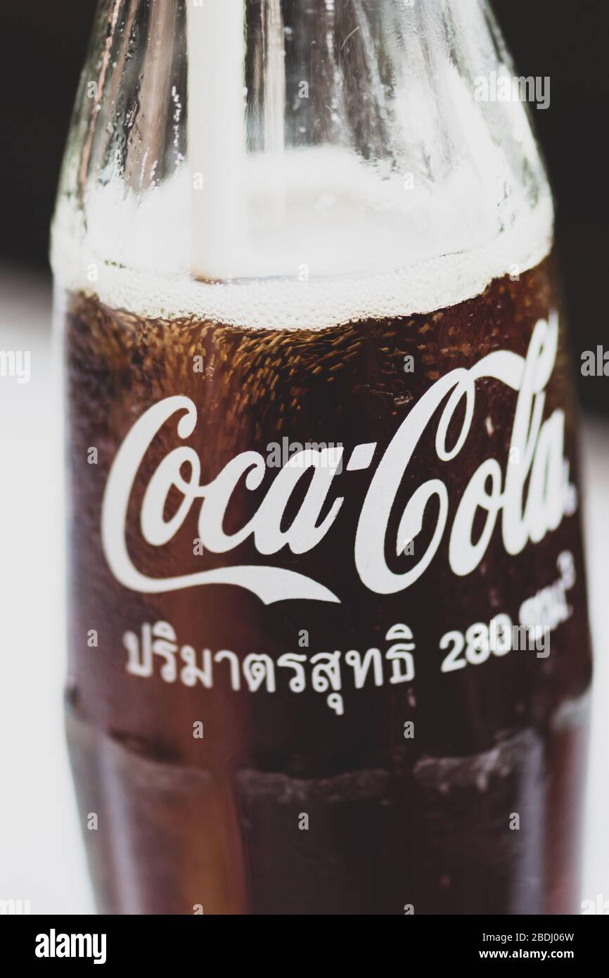 Thailand Bangkok 10 MAR 2020 Cold Thai Coca-Cola soft drink glass ...