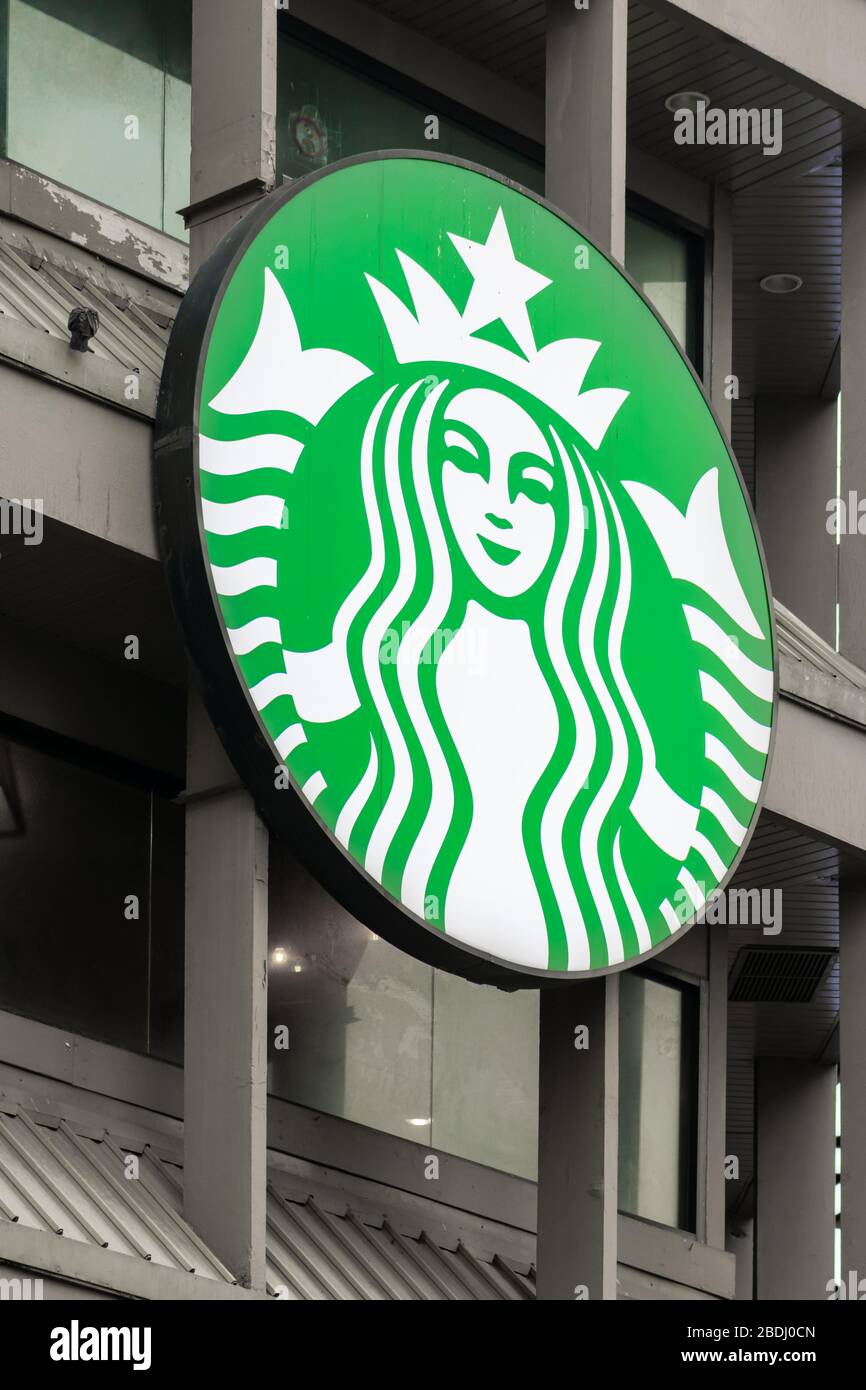 Thailand Bangkok 15 MAR 2020 Starbucks coffee shop logo sign hanging on ...
