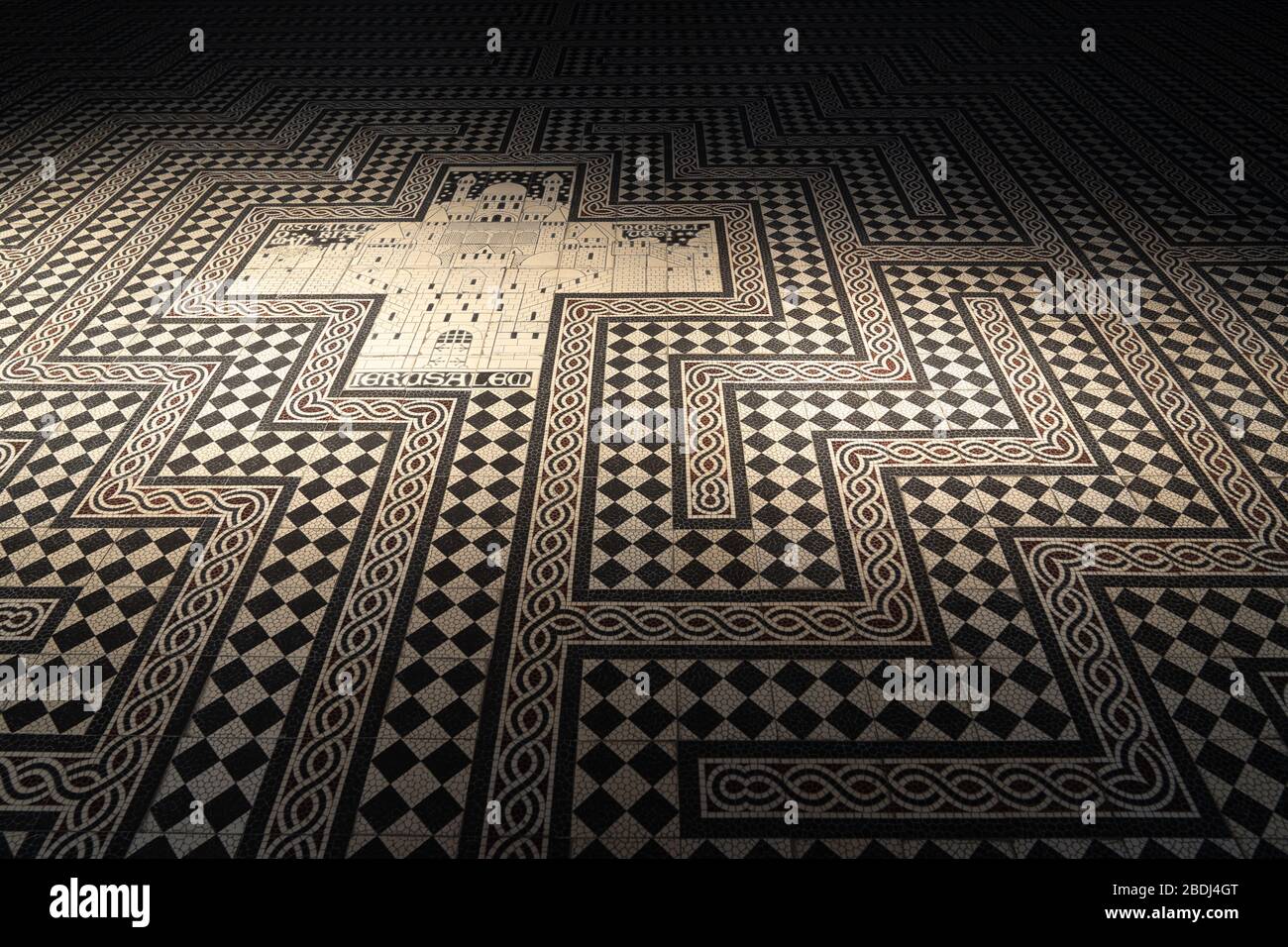 Background or floor with mosaic tiles showing a cross and the city of ...