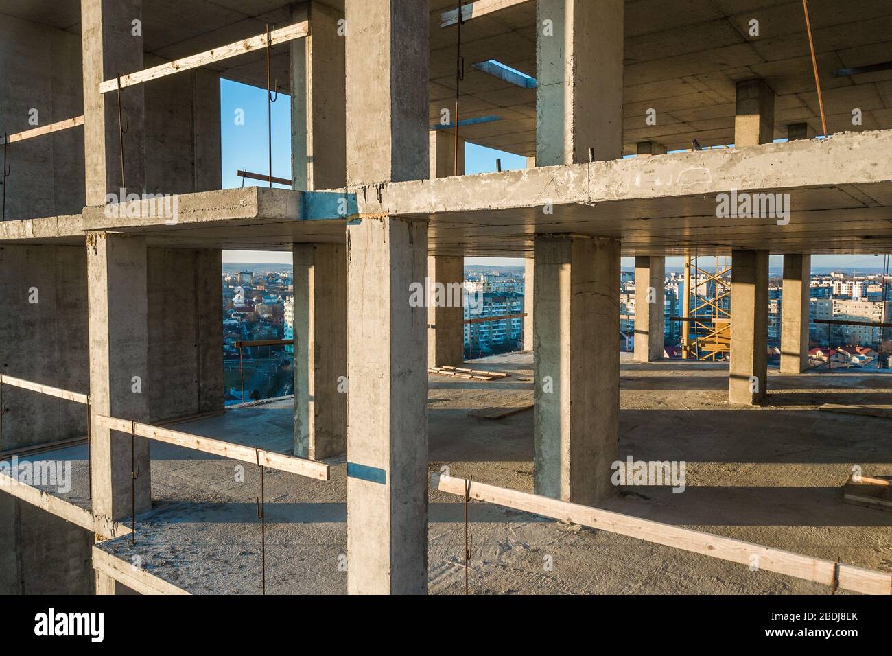 Interior of a concrete residential apartment building room with ...