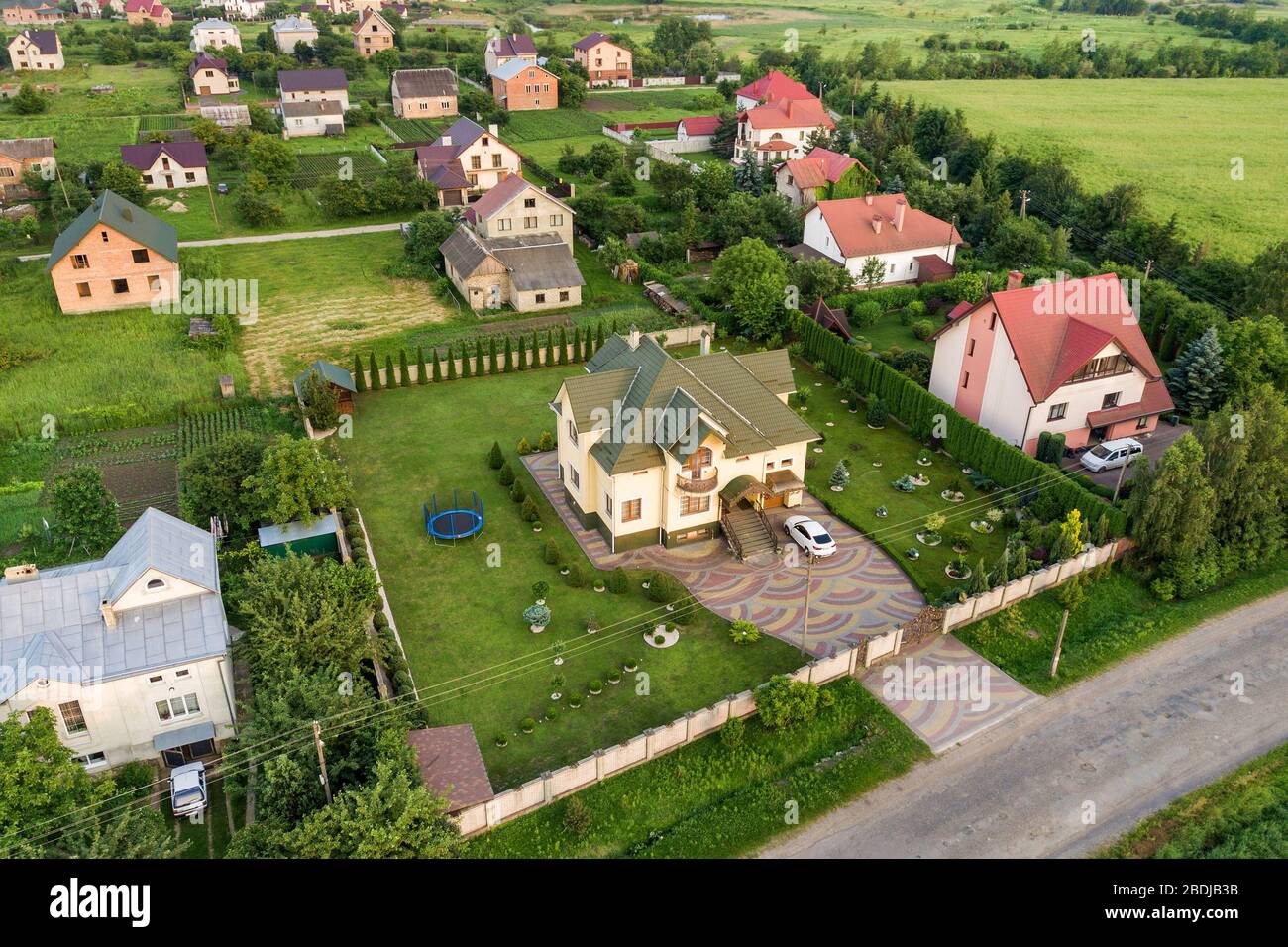 Aerial landscape of small town or village with rows of residential ...