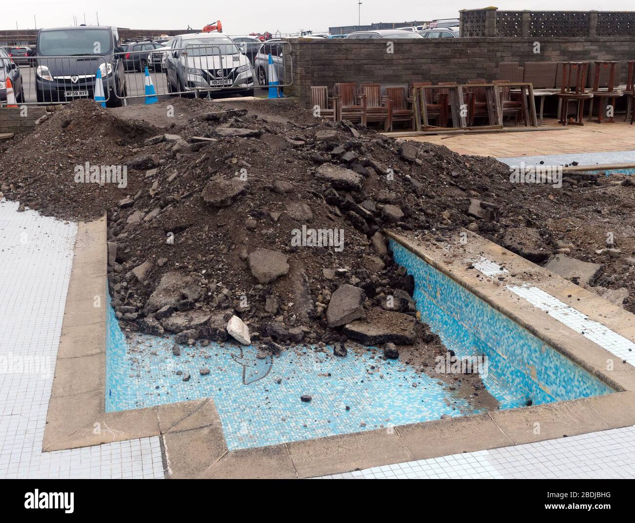 Swimming pool decomission at The Headland Hotel. Old outside pool ...