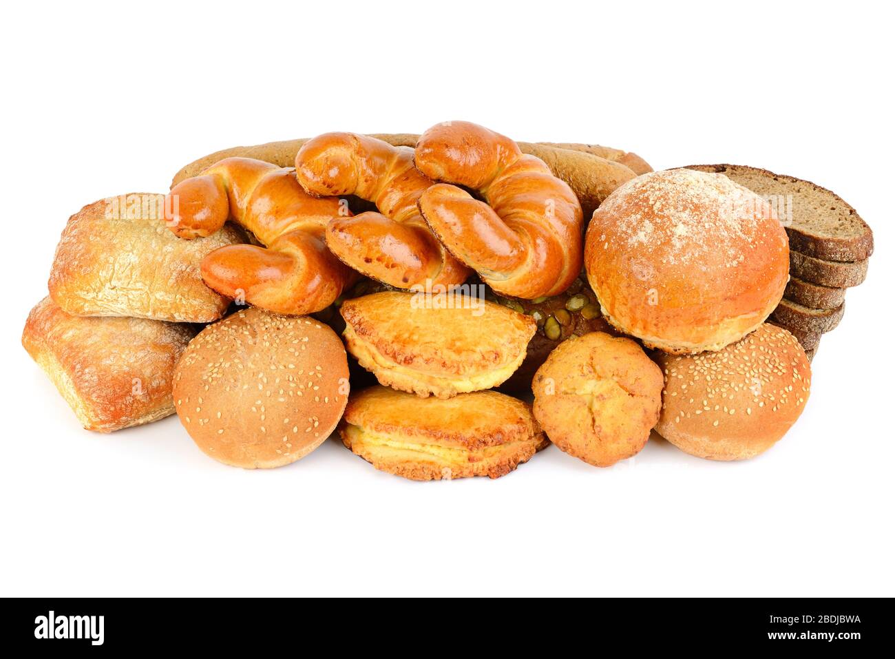 Various of bread and bakery products isolated on white background Stock ...