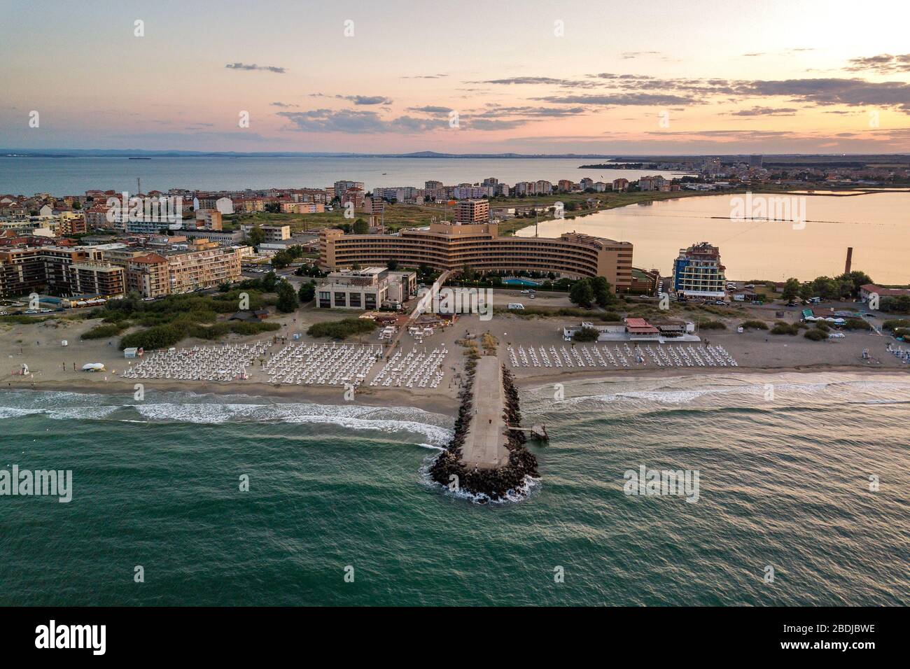 Aerial view of Pomorie city that is located on Black Sea shore. Top ...