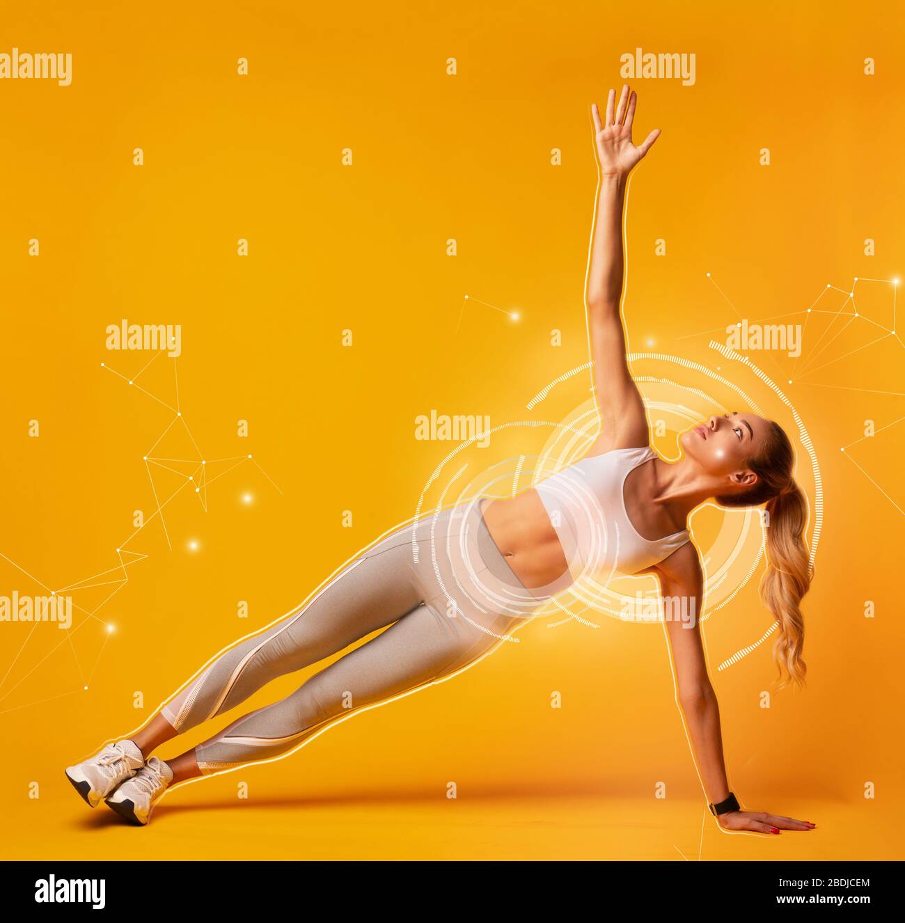 Collage with attractive sportswoman doing side plank exercise on orange ...