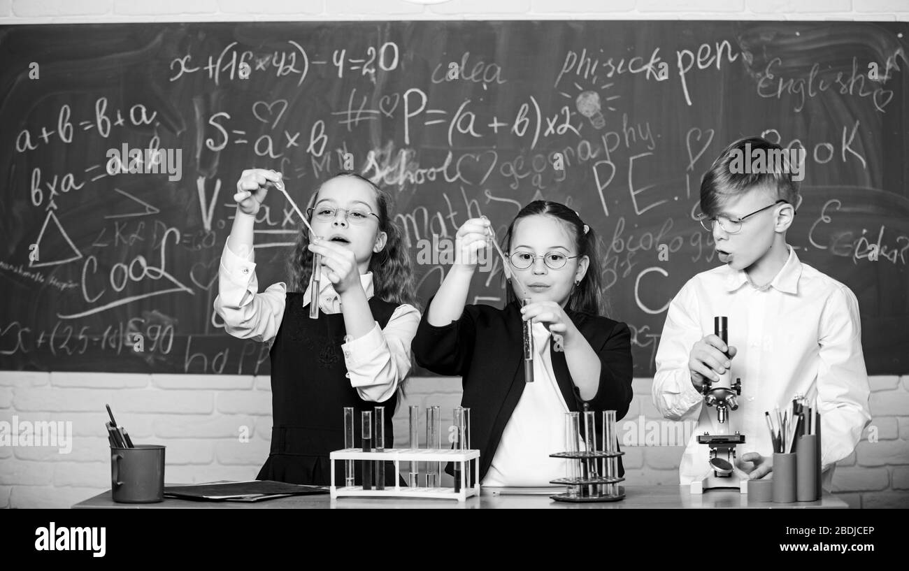 Study of liquid states. Group school pupils with test tubes study ...