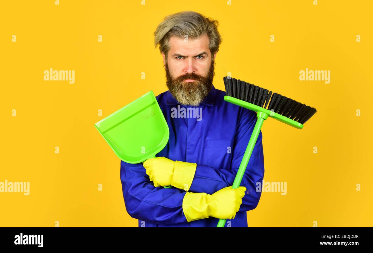 Garbage removal. Cleaning day. Janitor professional. Bearded hipster ...