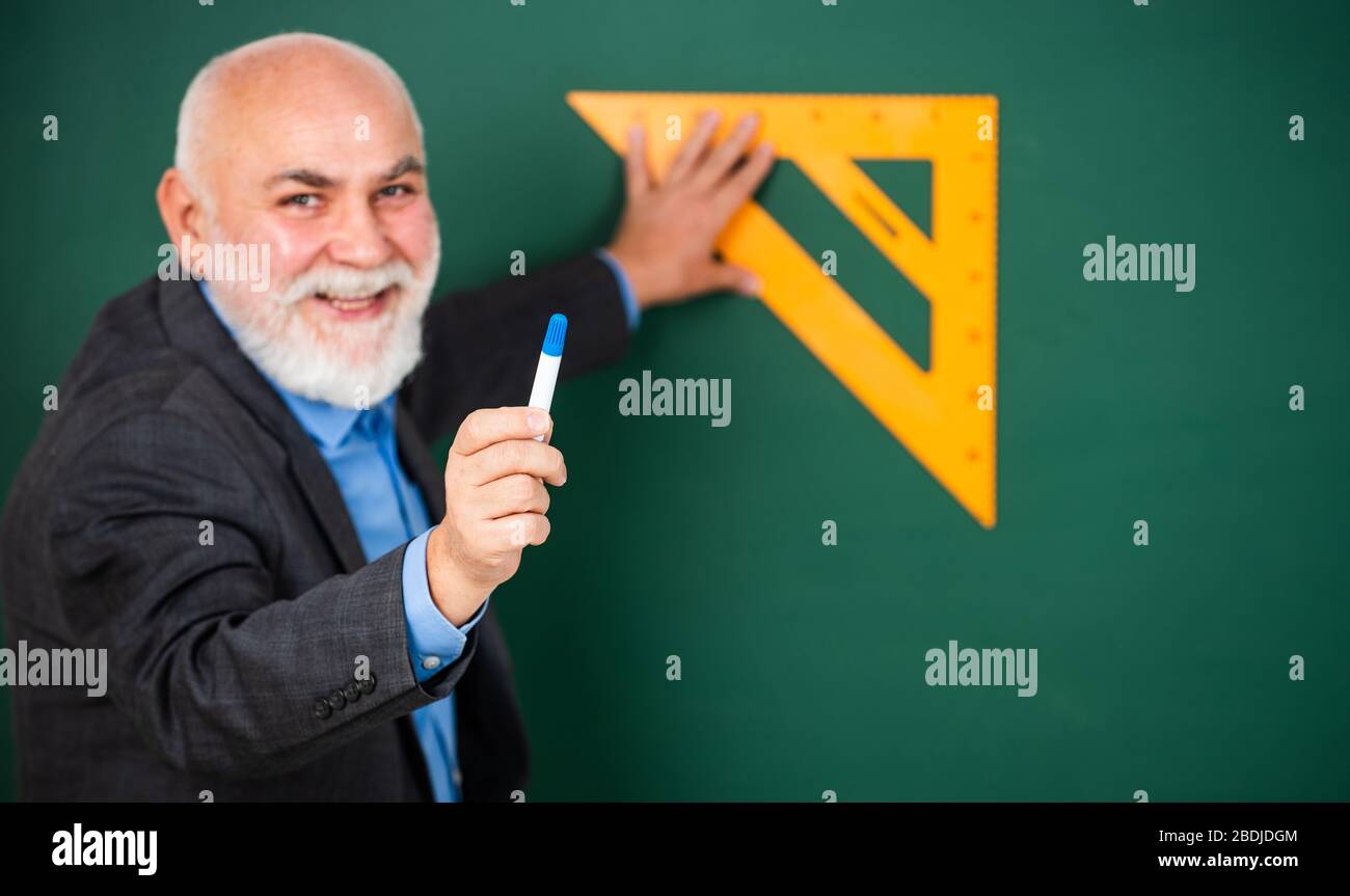 you are next. favorite subject. senior man teacher use math triangle ...