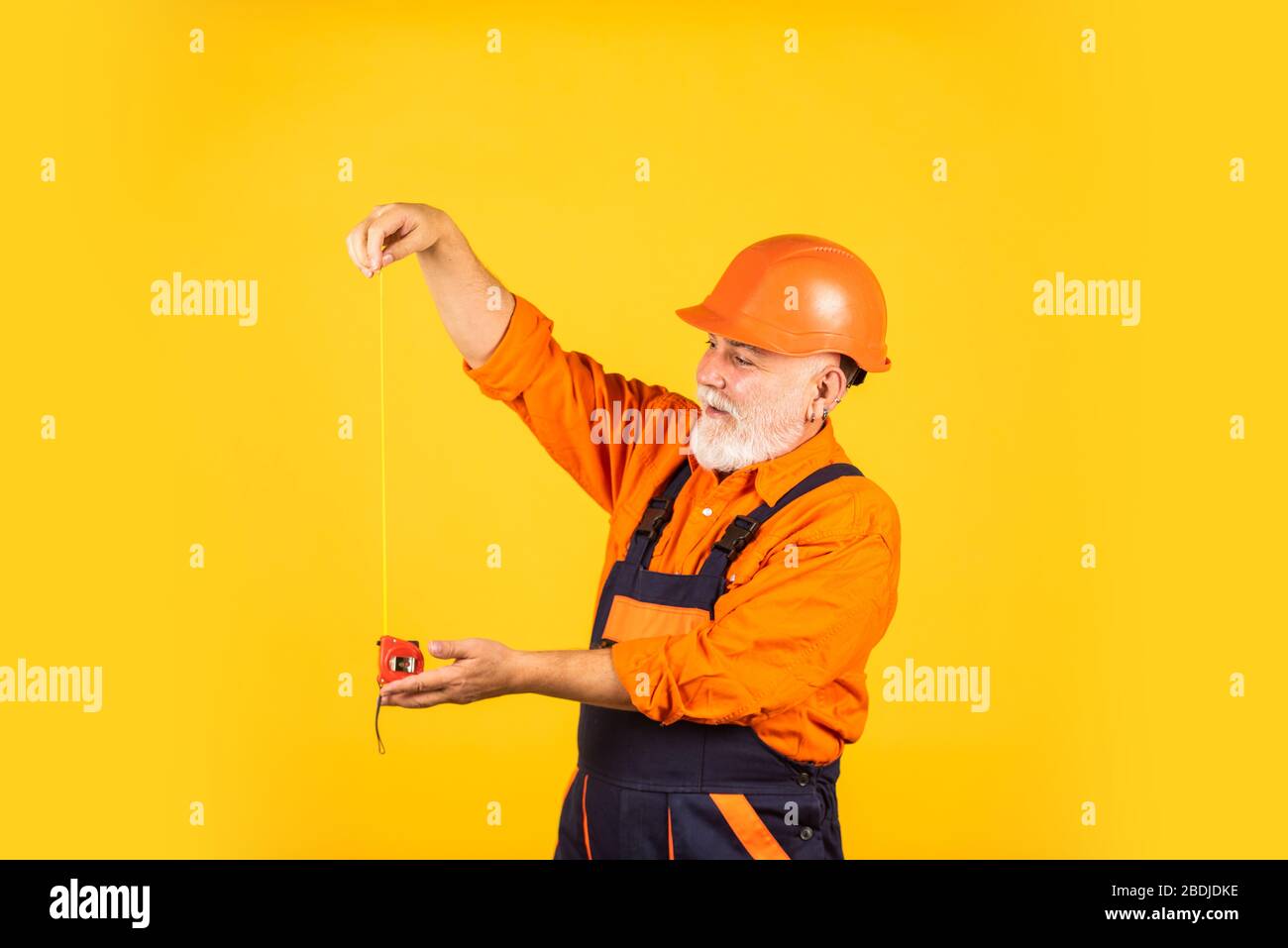 Ready to work. engineer size measuring. Construction man hold measuring ...