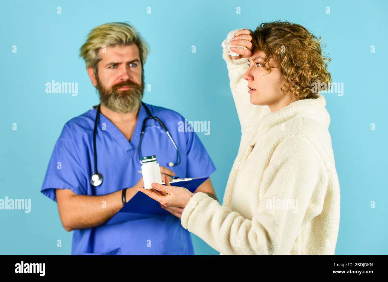 Medical help. Medical history. Doctor communicate woman. Drug overdose ...